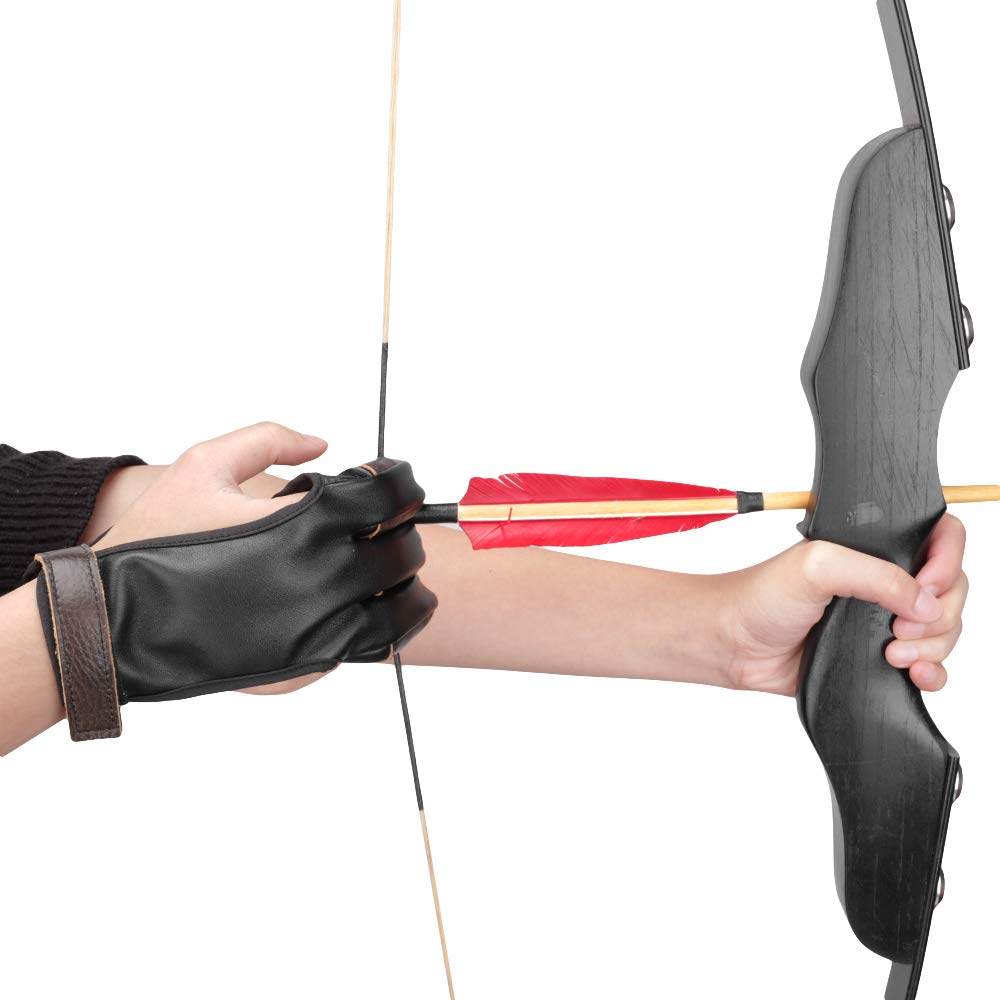 KRATARC Archery Glove Finger Protector Three Fingers Tab Leather Guard Lightweight Compact for Hunting Shooting Bow (Black, L)