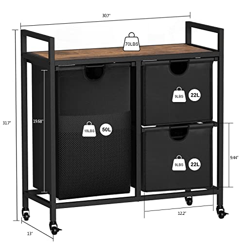Tohomeor Laundry Sorter with 3 Laundry Basket Rolling Laundry Hamper Cart with Wheels Sliding Pull Out and Removable Laundry Basket Bags for Laundry Room Bathroom Bedroom (Rustic Brown)