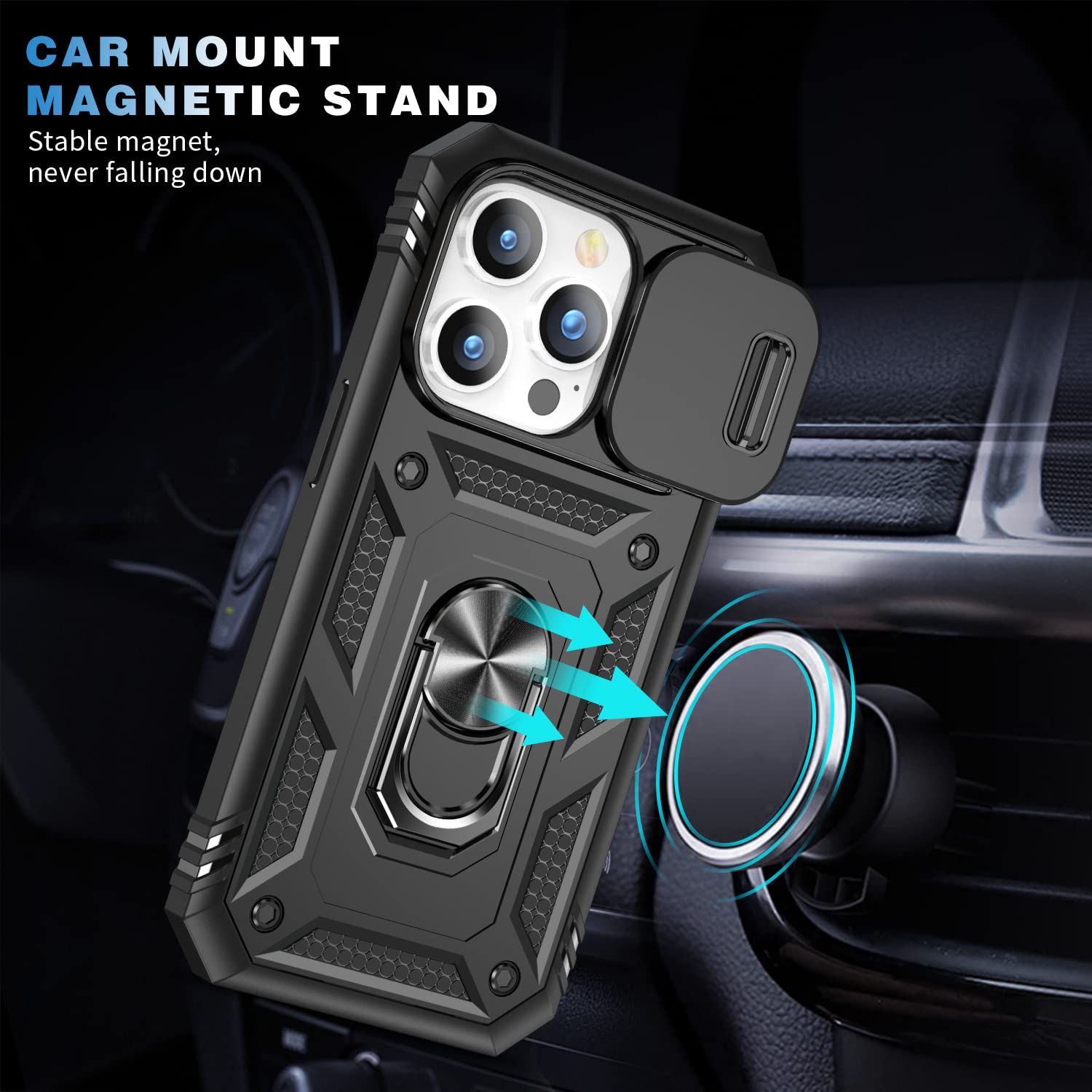 IYTRRYH for iPhone 15 Pro Max Case Kickstand with 2Tempered Glass Screen Protectors with Camera Cover&Magnetic Stand Ring Military Grade Drop Shockproof Heavy Duty Protection iPhone15Pro Max6.7‘’Black