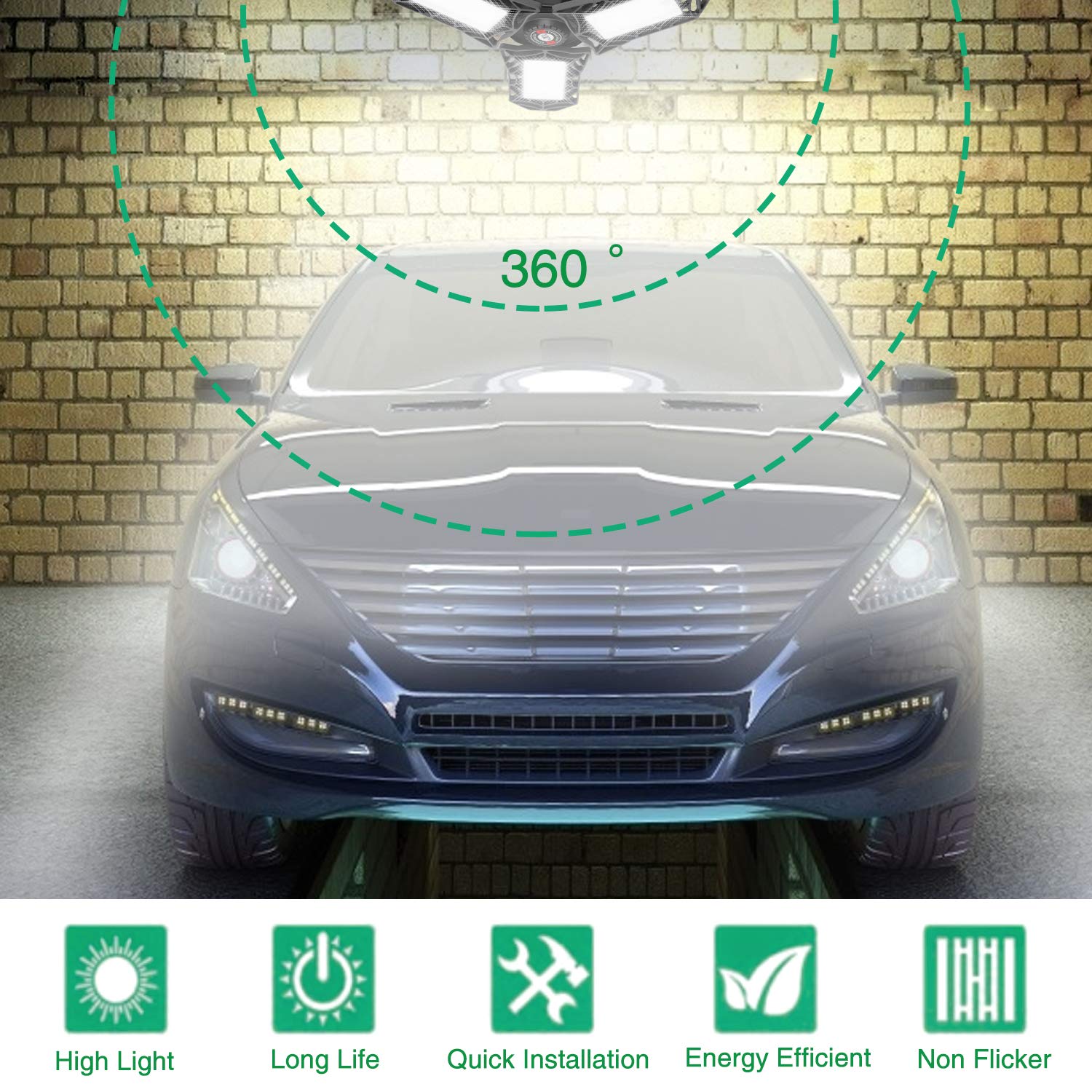 LED Garage Lights, 80W Deformable Garage Ceiling Light 8000LM E26 Basement Lights with 3 Adjustable LED Panels 270° – Fits for Garage, Warehouse, Barn, Workshop and Yard (NO Motion Activated)