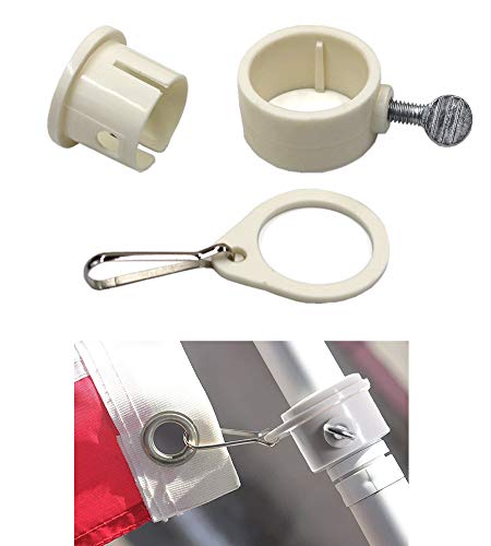 Tangle Free Flag Pole Mounting Ring Clip - Rotating Flapole Mounting Rings with Metal Clips 360 Degree Free Rotating Adjustable Fasteners 1 Pair (White 1 Inch)