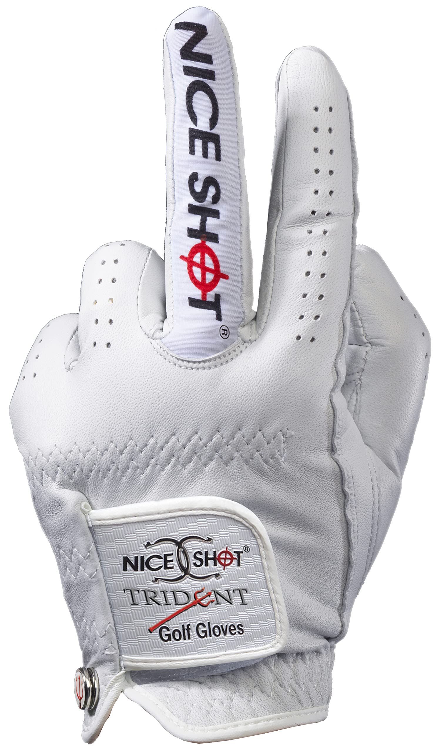 Nice Shot Trident Golf Glove with Power Grip Strips in Premium White Cabretta Leather Men's Left Hand - XLarge