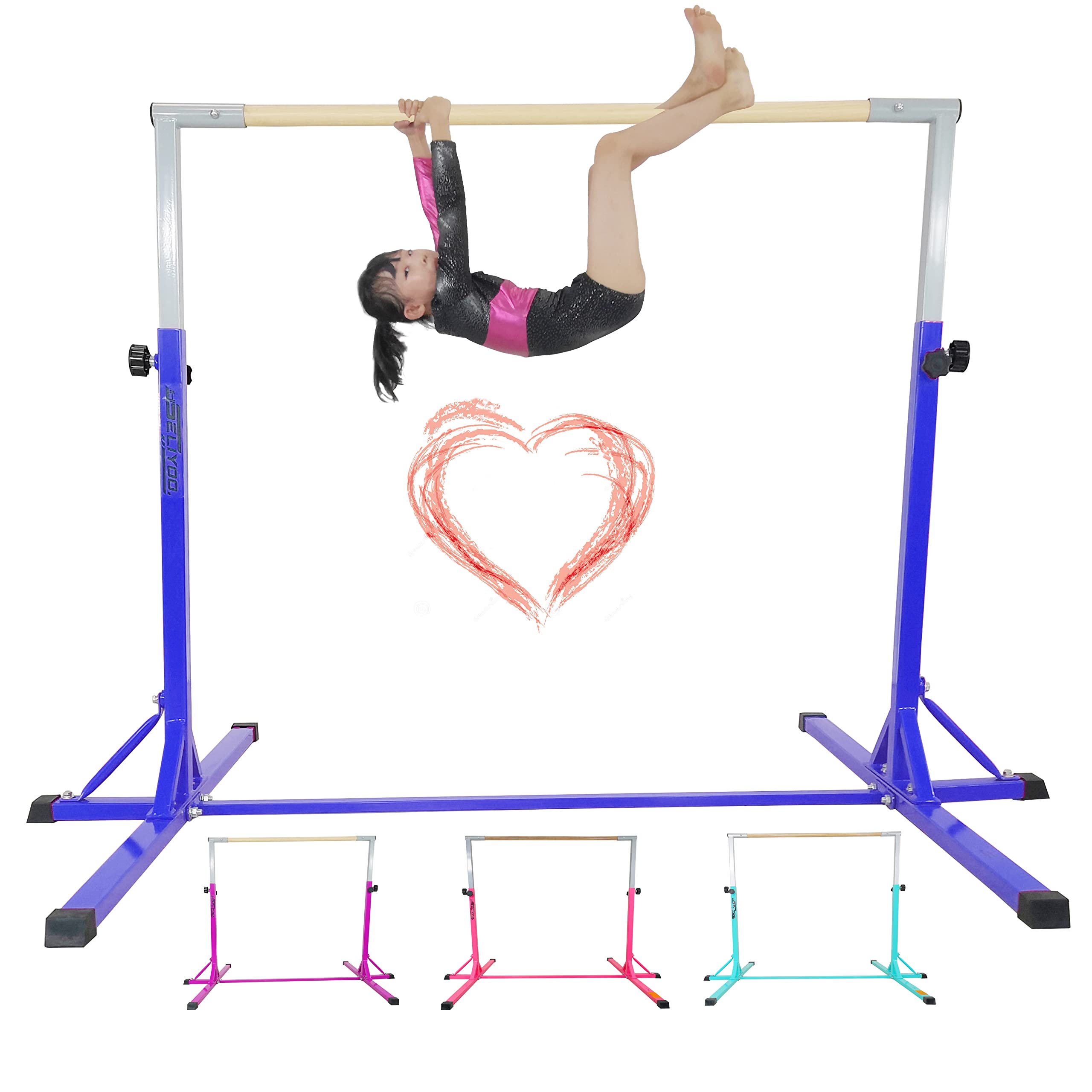 Seliyoo Expandable Gymnastics Bars with mat/Without mat,Horizontal Bars with Base Length 5FT,Adjustable from 33" to 49", Weight Limit 200 LBS for Kids Gymnastics at Home or Gym (Light Blue)