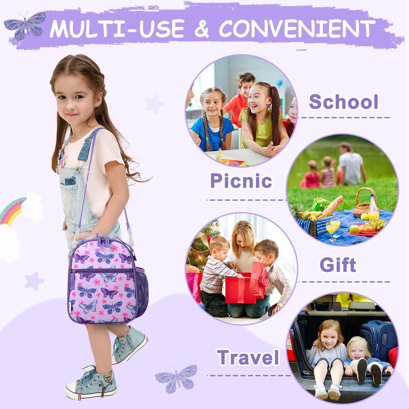 RAVUO Lightweight Butterfly School Backpack Bookbag and Lunch Bag Box Lunchbox Set for Girls