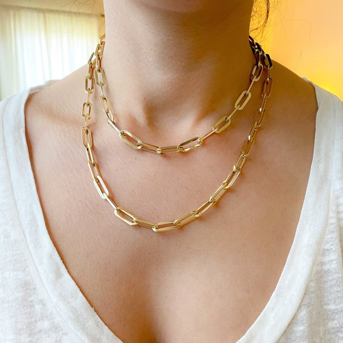 Semi Solid 14K Yellow Gold Paperclip Chain - Link Chain Unisex Necklace - Real Gold Chain Jewelry Width 5 MM & Length 22 Inches