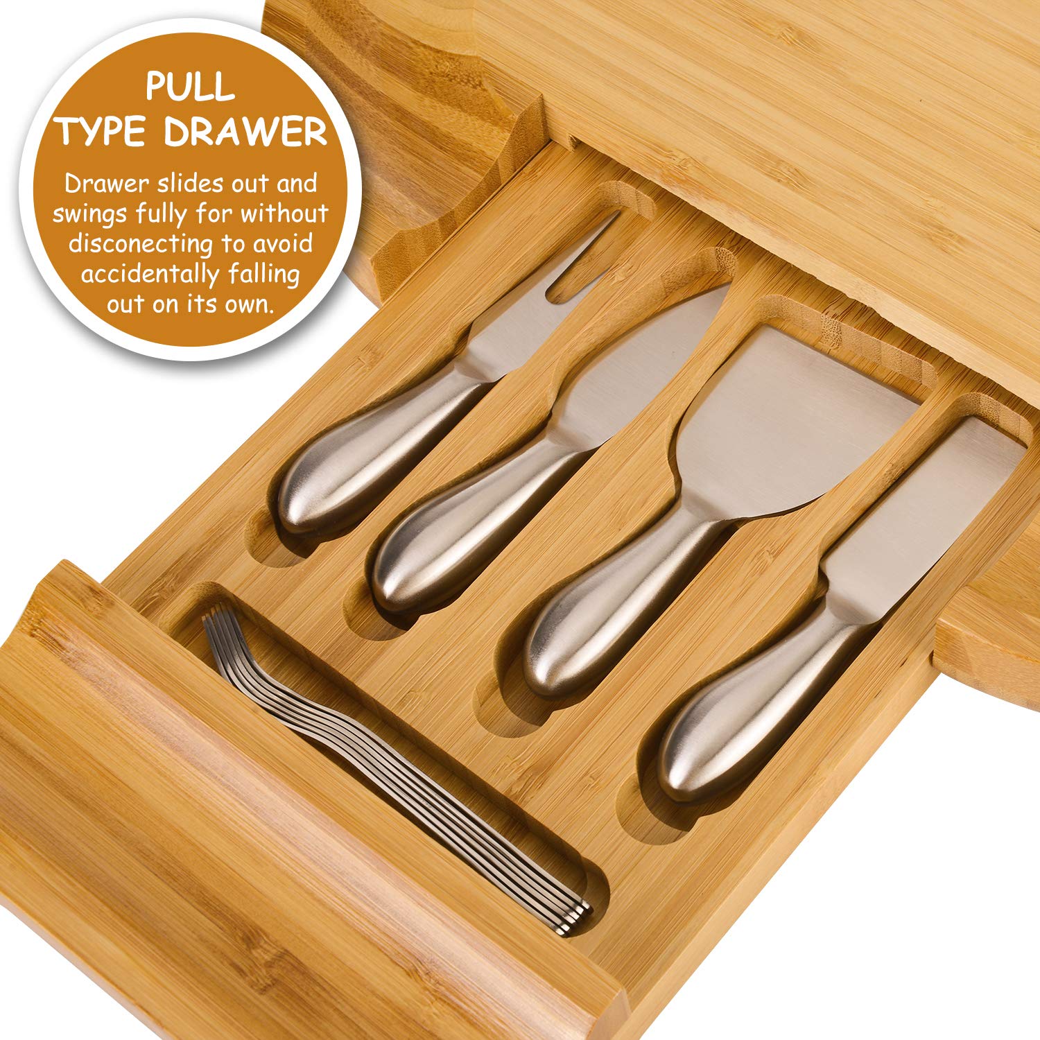 MH Zone Bamboo Cheese Board Set Charcuterie Board Cheese Plate Cheese Tray with Integrated Drawer, 4 Stainless Steel Knife and 4 Fork, for Family, Friend or Lover