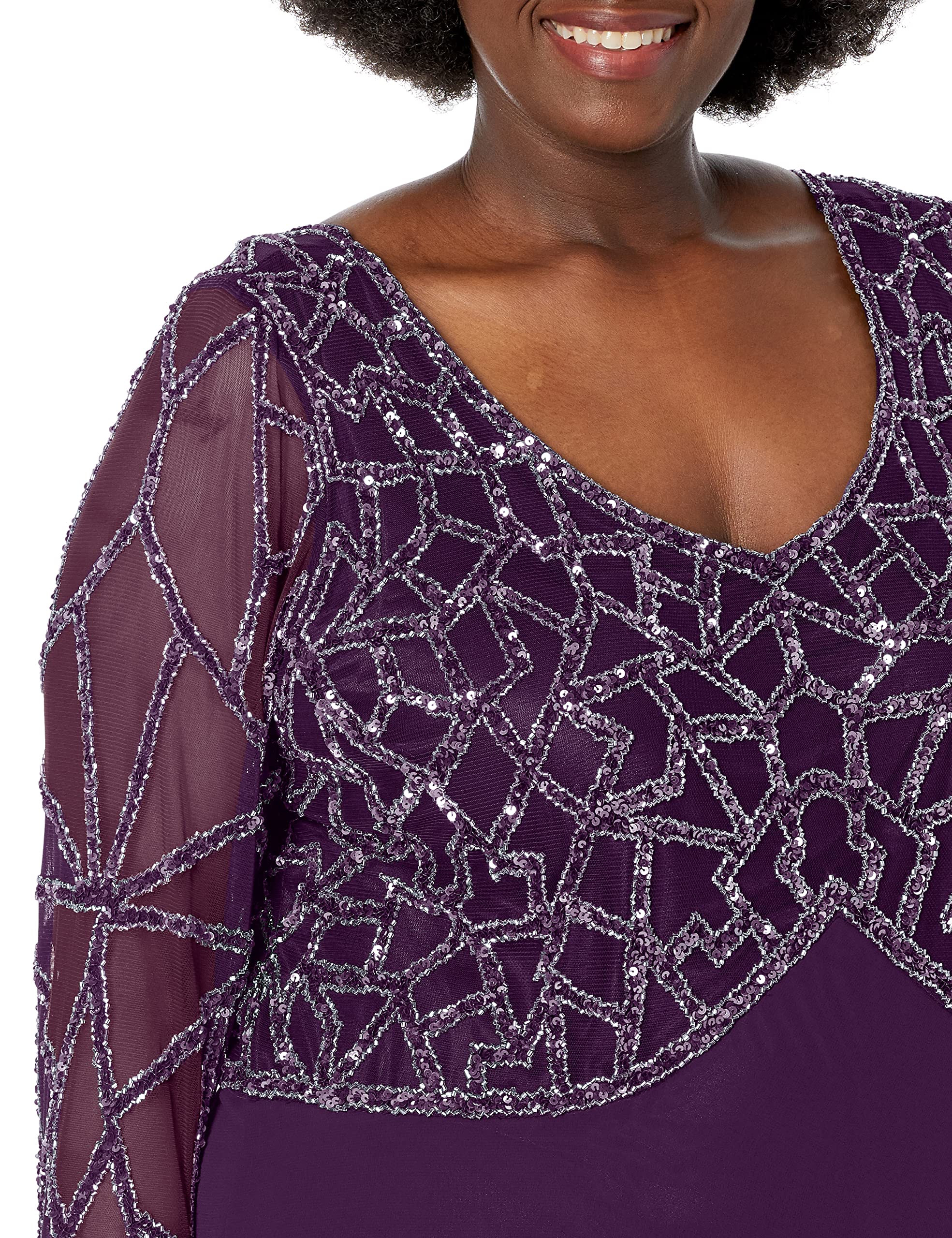 J Kara Women's Plus Size 3/4 Sleeve Geo Beaded Gown, Plum/Mercury/Silver, 18W