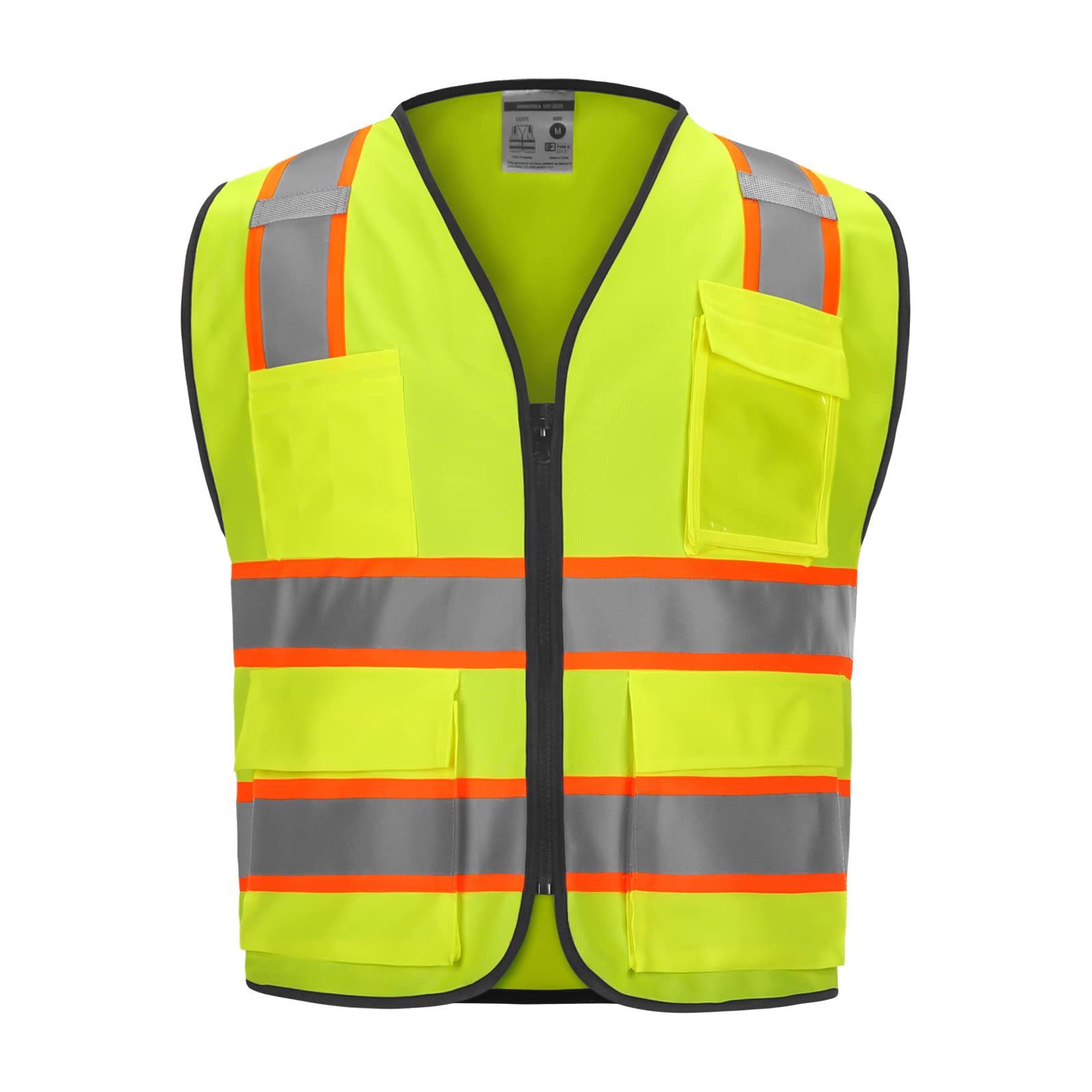 SKSAFETY 9 Pockets Safety Vest, Class 2 Classic models High Visibility Security with Zipper, Hi Vis Vest with Reflective Strips, ANSI/ISEA Standard, Construction Work Vest for Men & Women (Lime, XL)
