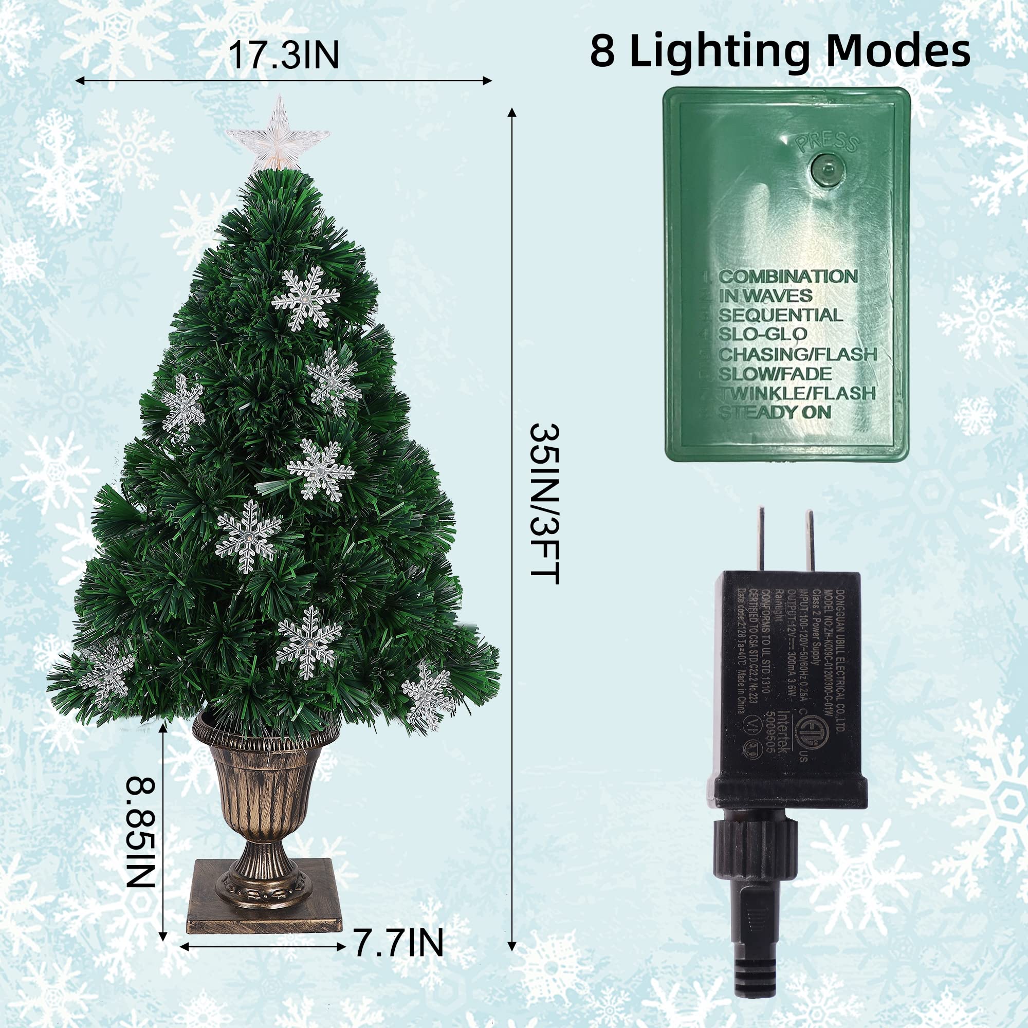 Juegoal 3 FT Pre-Lit Artificial Christmas Tree, 2 Pack Lighted Optical Fiber Entrance Tree in Gold Urn Base with Lights, 8 Lighting Modes, 110 Branch Tips Front Door Porch Entryway Holiday Home Decor