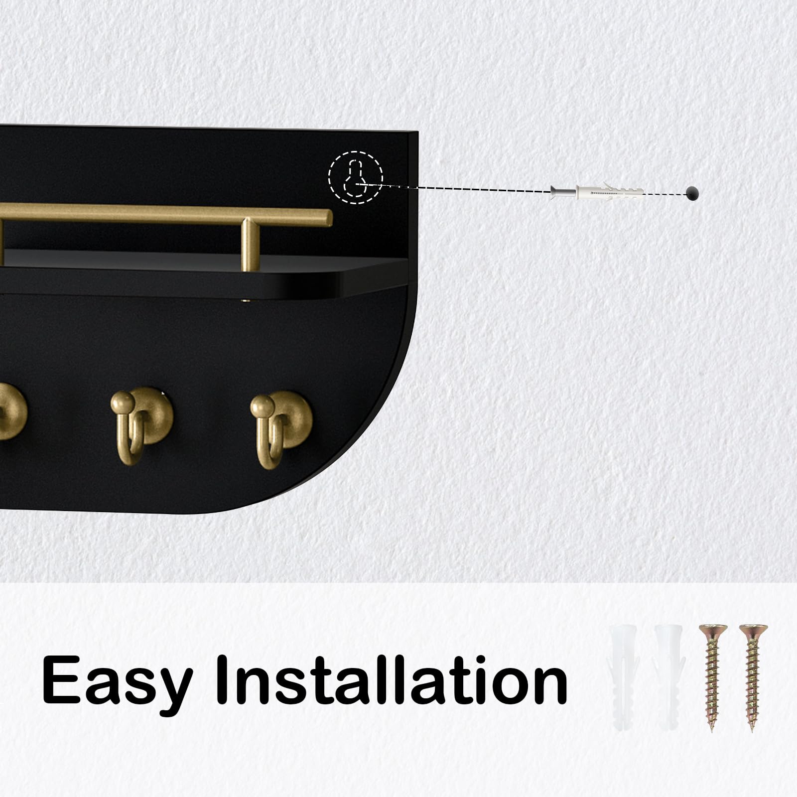 Karisky Key Holder for Wall, Decorative Key and Mail Organizer with 3 Metal Hooks and 2 shelves, Wood Wall Mounted Key Rack for Entryway, Black