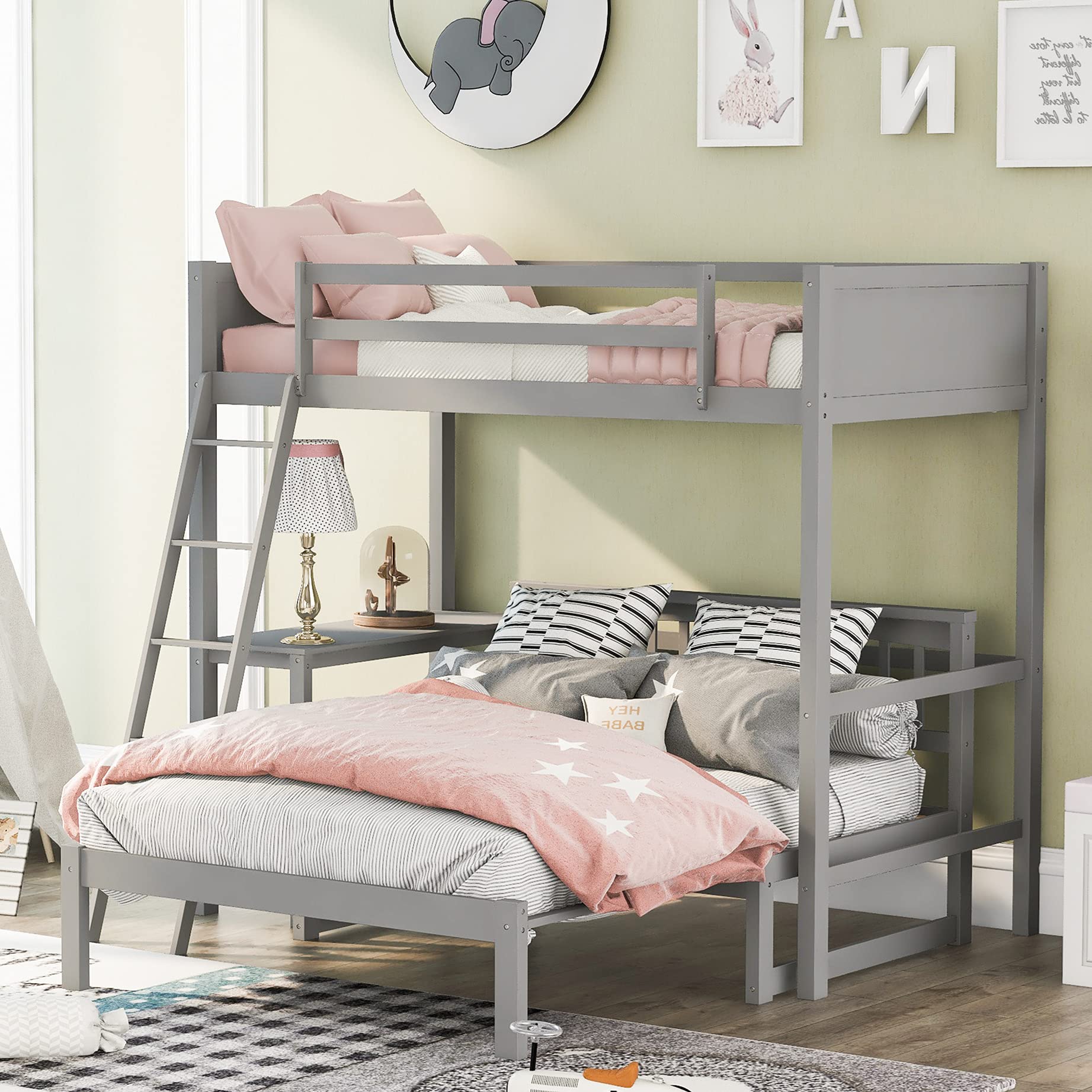 MERITLINE Twin Loft Bed with Convertible Lower Bed, Wood Kids Loft Bed with Desk, Twin over Full Bunk Bed with Ladder,No Box Spring Needed,Grey