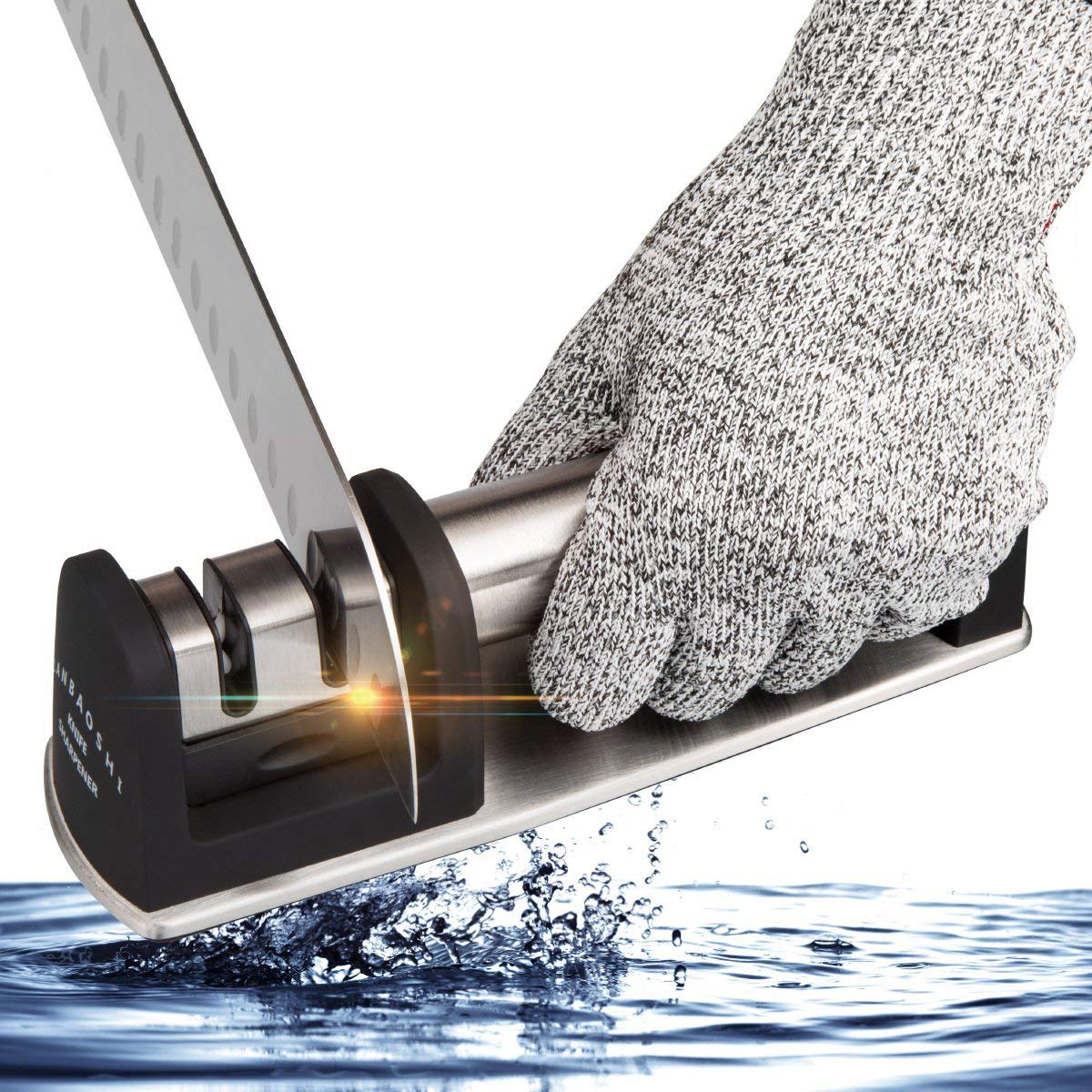 Knife Sharpener, Sharp Kitchen Sharpen Knife Kit with 2 Stage Diamond Coated Ceramic Knives Sharpening Wheel System and 5 Cut Resistant Glove, Portable Handheld Metal Steel Sharpeners Tool Set