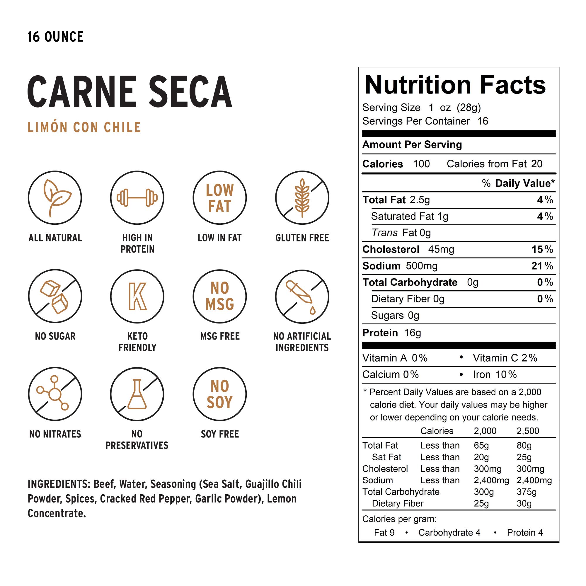 People's Choice Beef Jerky - Carne Seca - Limón Con Chile - Healthy, Sugar Free, Zero Carb, Gluten Free, Keto Friendly, High Protein Meat Snack - Dry Texture - 1 Pound, 16 oz - 1 Bag