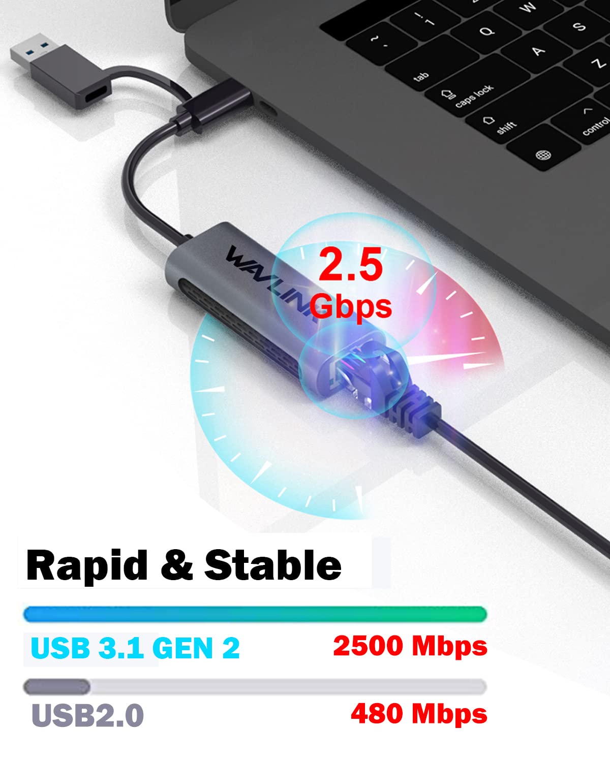 WAVLINK USB C to Ethernet Adapter 2.5 Gigabit, 2-in-1 USB to 2.5G Ethernet Adapter, USB-C to RJ45 Network Converter Aluminum Case for Windows, Mac OS, iPad OS and More.