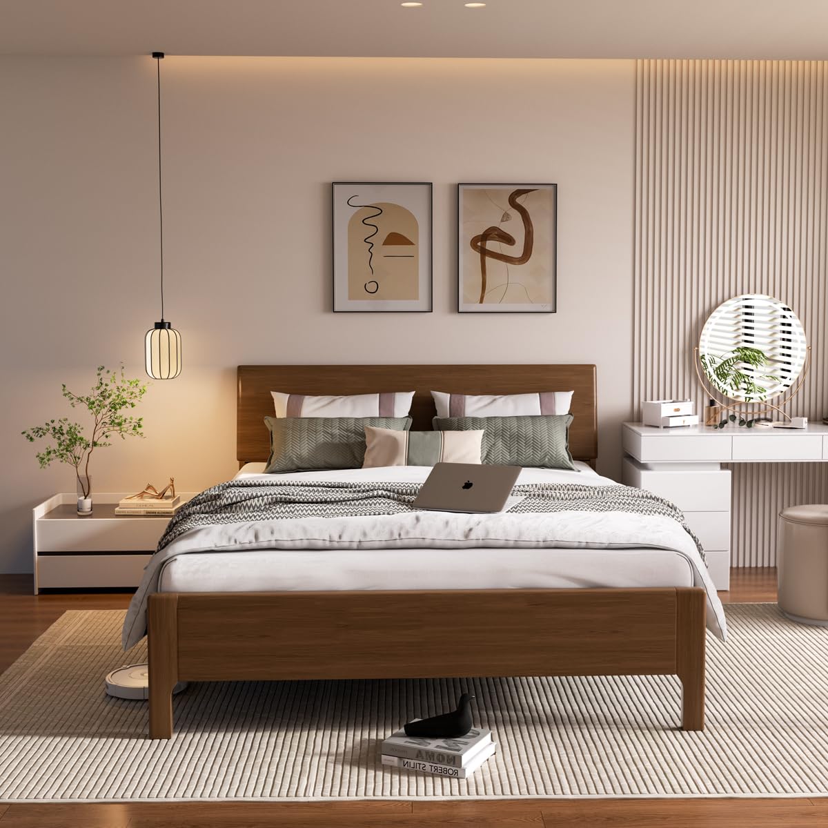 VOVUVK Queen Solid Wood Bed Frame with Headboard, Mid Century Modern Wooden Platform Bed, Wooden Bed Slats, No Box Spring Needed, Noise Free Easy Assembly (Walnut)