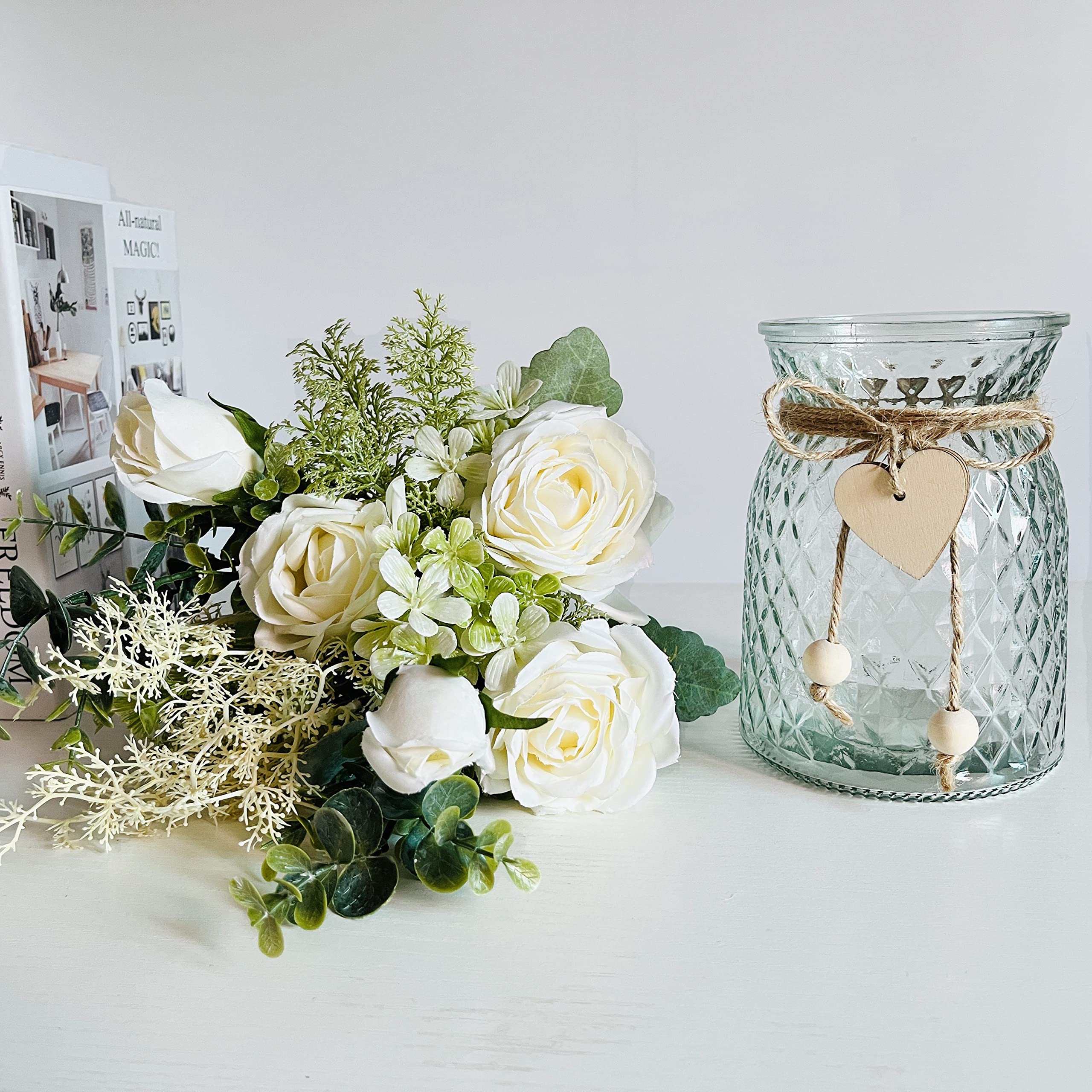 LADADA Fake Flowers with Vase, Silk Roses Artificial Flowers in Vase, Suitable for Wedding, Party, Home Decor.(Ivory)