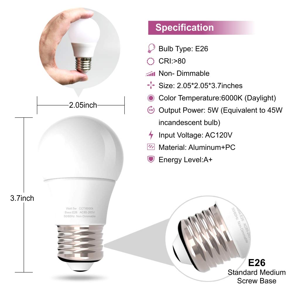 Lifeholder LED Refrigerator Light Bulbs, A15 5W 6000K Daylight Bulbs, E26 LED Bulb 120V 45W Equivalent Waterproof Fridge Bulbs, Energy Saving Bulbs for Home; Kitchen Lighting, Non-Dimmable (4 Packs)