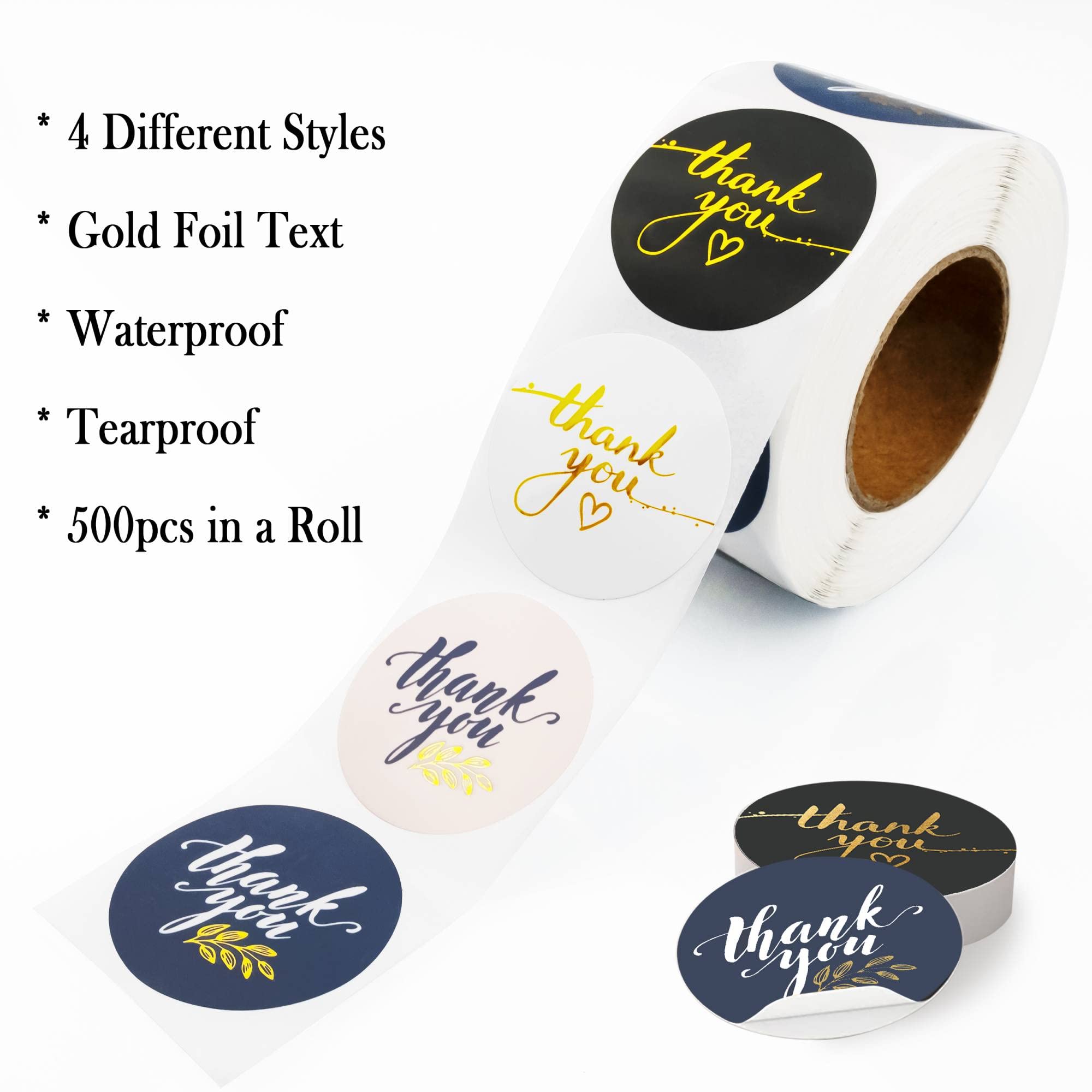 Thank You Stickers Roll - 500 Pcs 1.5 Inch 4 Patterns Hot Stamping Thank You Sticker Labels for Envelope Seals, Gift Packing, and Business