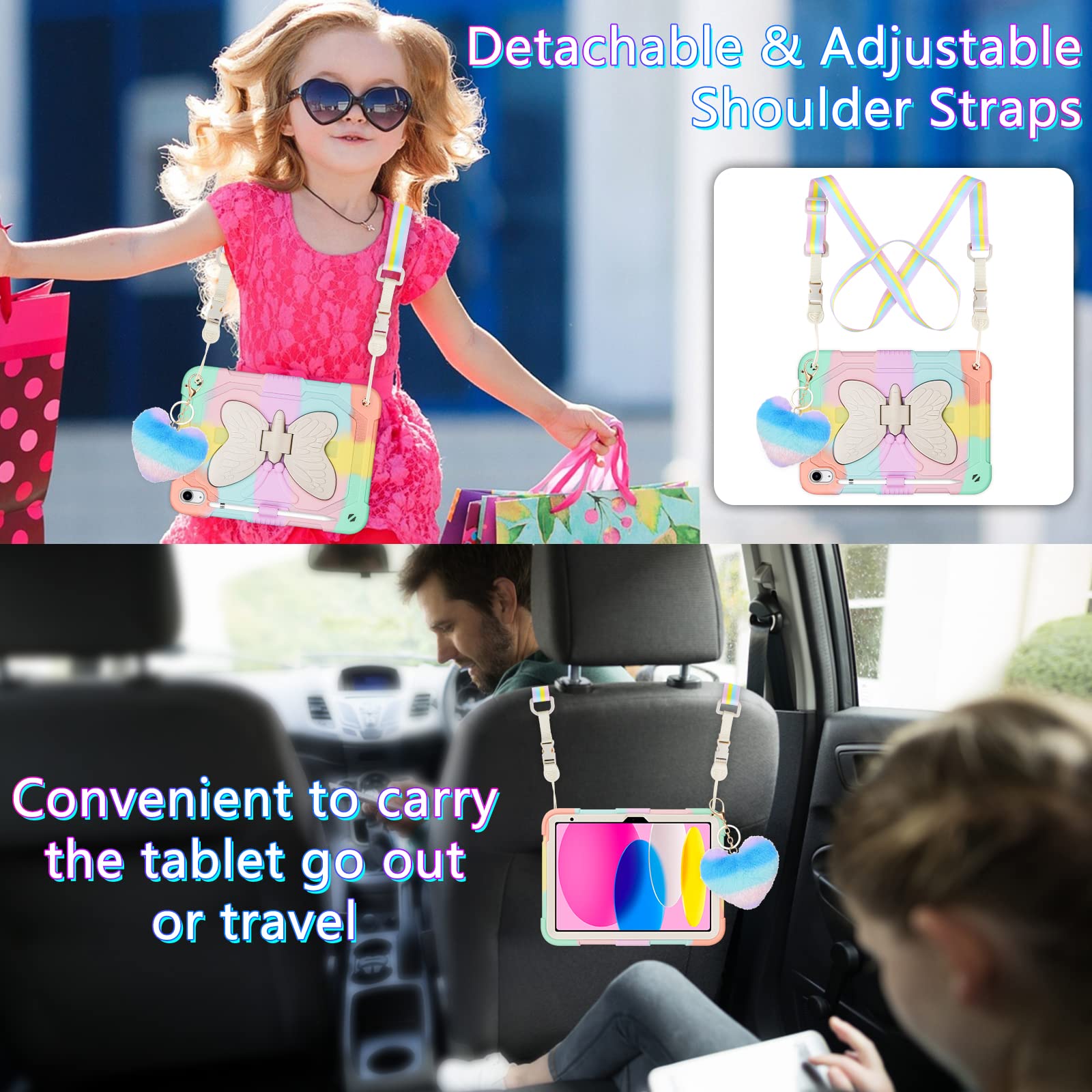 WESADN for iPad 10th Generation Case 2022 with Kickstand Lanyard Keychain Pencil Holder Rugged Heavy Duty Case for Girls Kids Cute Protective Tablet Cover for iPad 10th Gen 10.9 inch 2022 Rose Gold