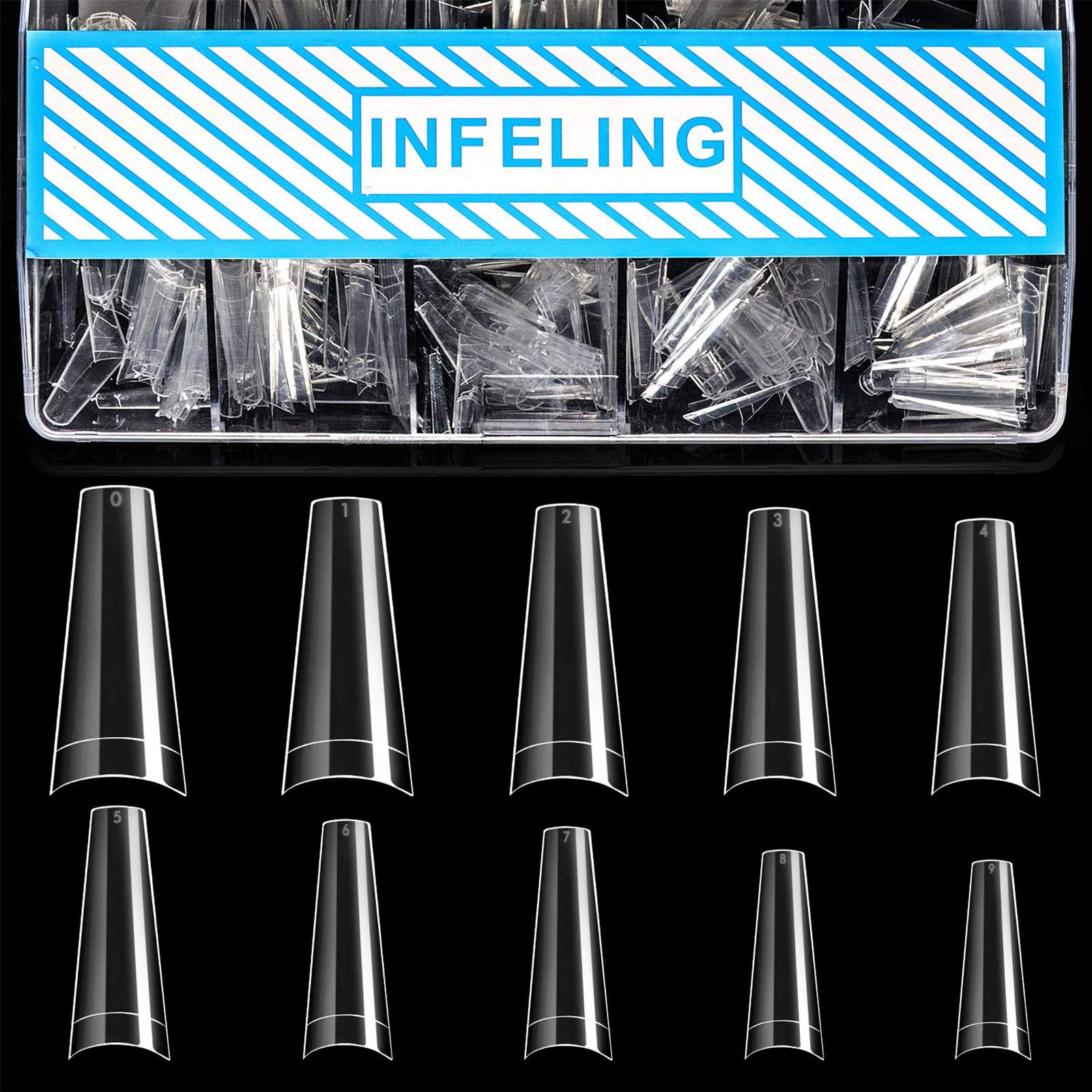 INFELING Clear Coffin Nails Tips - Nail Tips for Acrylic Nails Professional, 500pcs Half Cover Ballerina French Nail Tips with Box, False Fake Nail Tips for Nail Salons Home Christmas Gift, 10 Sizes