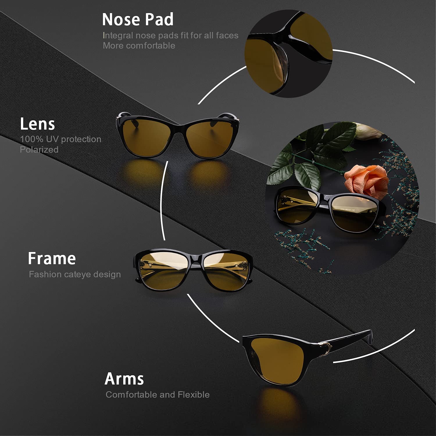 LVIOE Night Driving Glasses for Women with Polarized Anti Glare Yellow Lens, Classic Designer Sun Glasses UV Protection