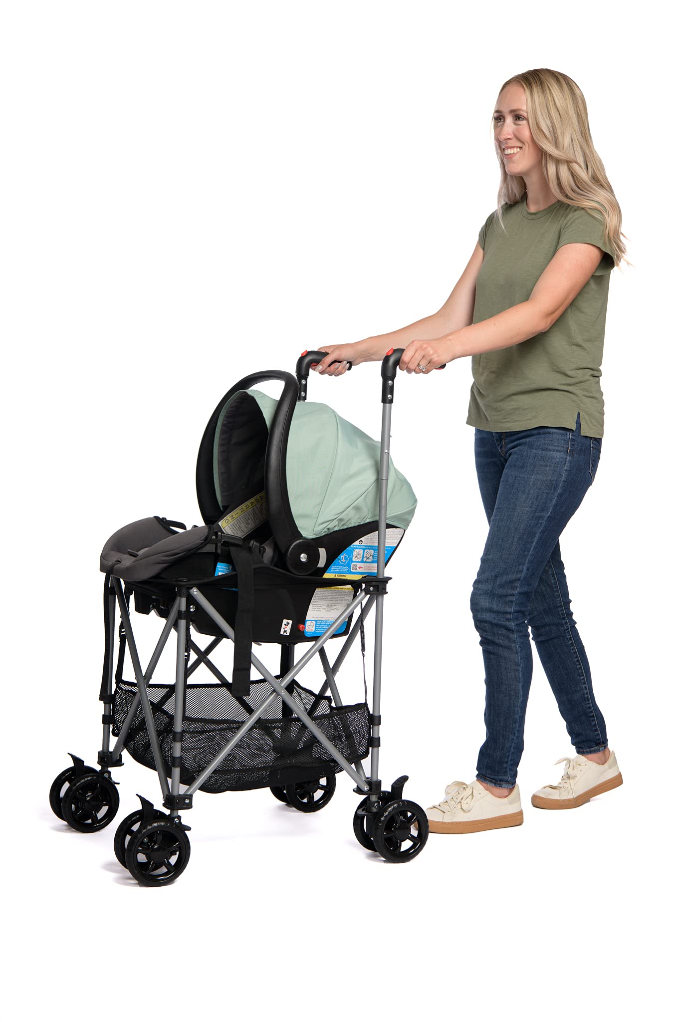 Universal Infant Car Seat Carrier. Adds Wheels to Any car seat. Compact & Lightweight. Fits Everywhere.
