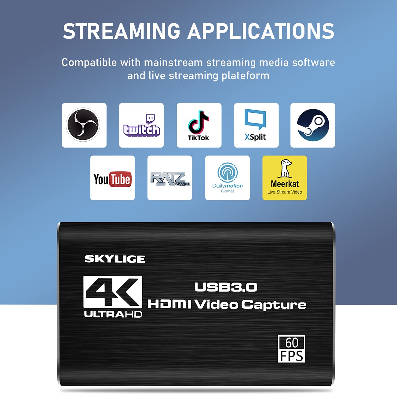 SKYLIGE Capture Card, 4K HDMI Audio Video Capture Card with Loop-Out, 1080P 60FPS Game Live Streaming Caputre Device for Nintendo Switch/PS4/Xbox One/OBS/Camera/PC/Conference, Black