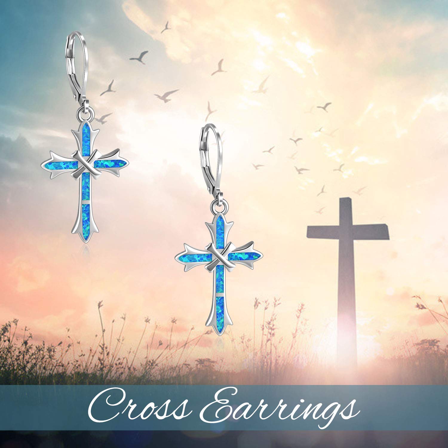 ONEFINITY Opal Cross Earrings Sterling Silver Cross Dangle Drop Earring Cross Leverback Earrings for Women