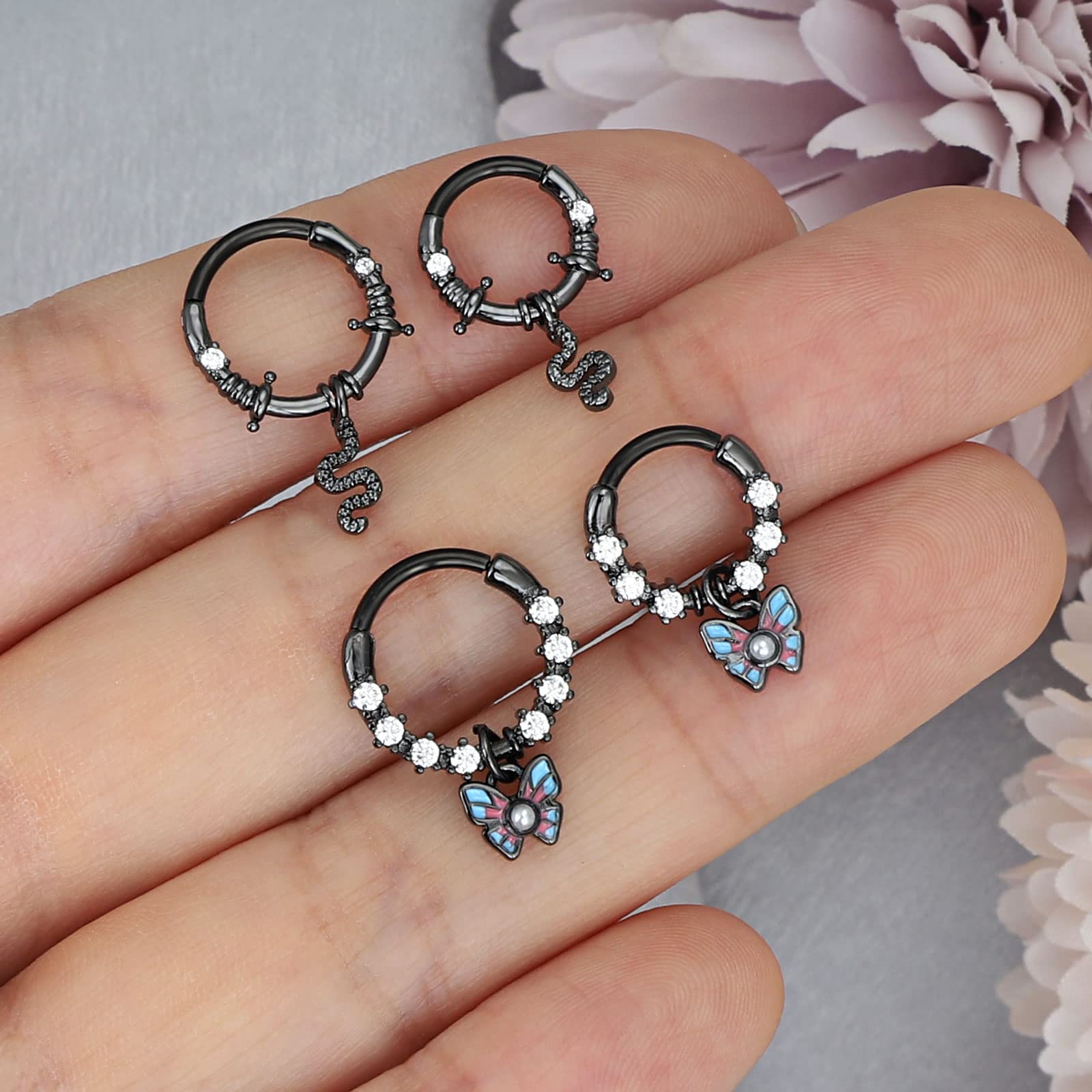 Qmcandy 6pcs Stainless Steel Wire Wrapped Septum Clicker Triple Spike Hinged Seamless Ring 16g Nose Piercing Jewelry, Black 3/8"