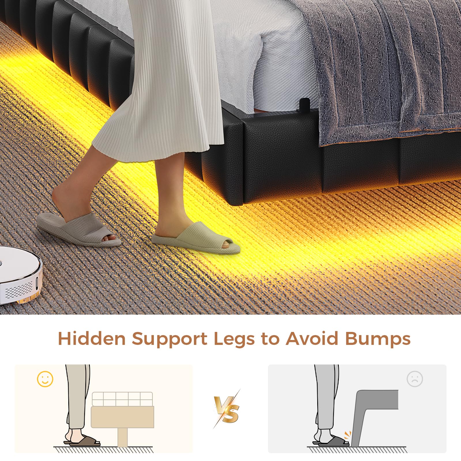 Upholstered Queen Bed Frame with 4 Storage Drawer,Charging Station,Headboard with Hidden storage space,3-Tier Shelves,RGB Led Light,Metal Slat Support, No Box Spring Needed,Noise-Free,Rustic Brown