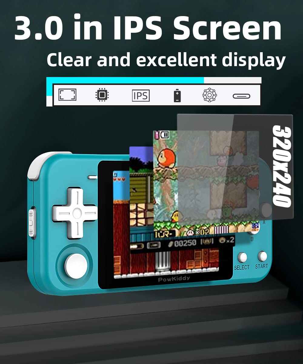 Q90 Handheld Game Console 3 inch Retro Games Consoles Built-in Rechargeable Battery Portable Style Hand Held Game Gaming Consoles System Turquoise 64GB