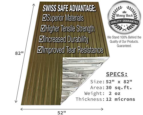 Swiss Safe Emergency Blankets for Survival Kit - Mylar Thermal Blankets - NASA-Designed Body Warmer for Camping, Hiking & Outdoor Activities, Bug Out Bag - 4 Pack w/Bonus Gold Foil Space Blanket Fit
