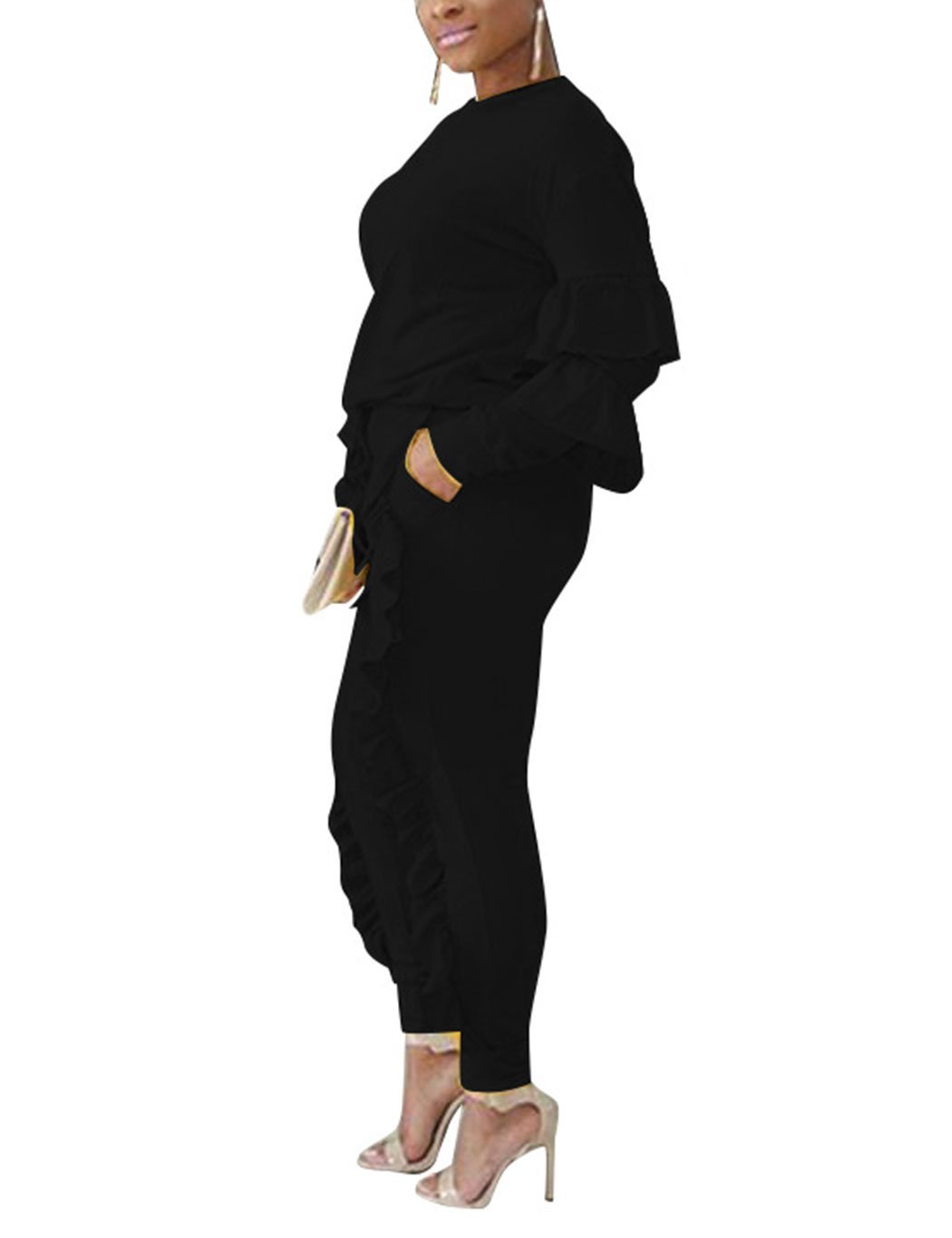 KANSOON Women 2 Pieces Outfits Long Sleeve Sweatshirt and Bodycon Ruffle Sweatpants Tracksuits Black Large