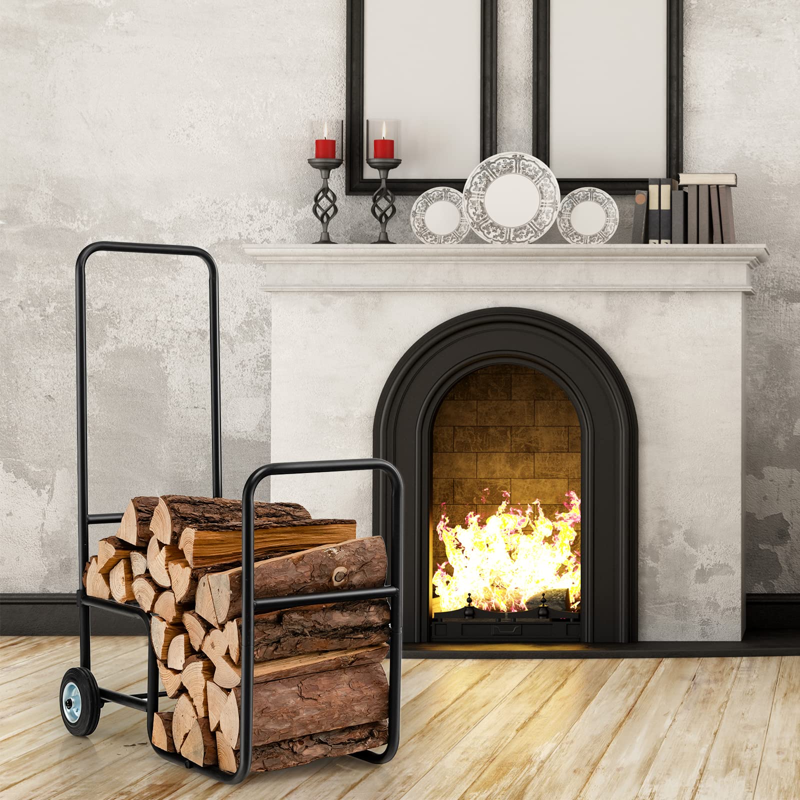 Safstar Firewood Log Cart Carrier, 2.9ft/35β Height Wood Rack Storage Mover w/2 Rubber Wheels & Ergonomic Handle, Heavy-Duty Steel Fireplace Log Carrier Mover, Rolling Firewood Cart for Indoor Outdoor