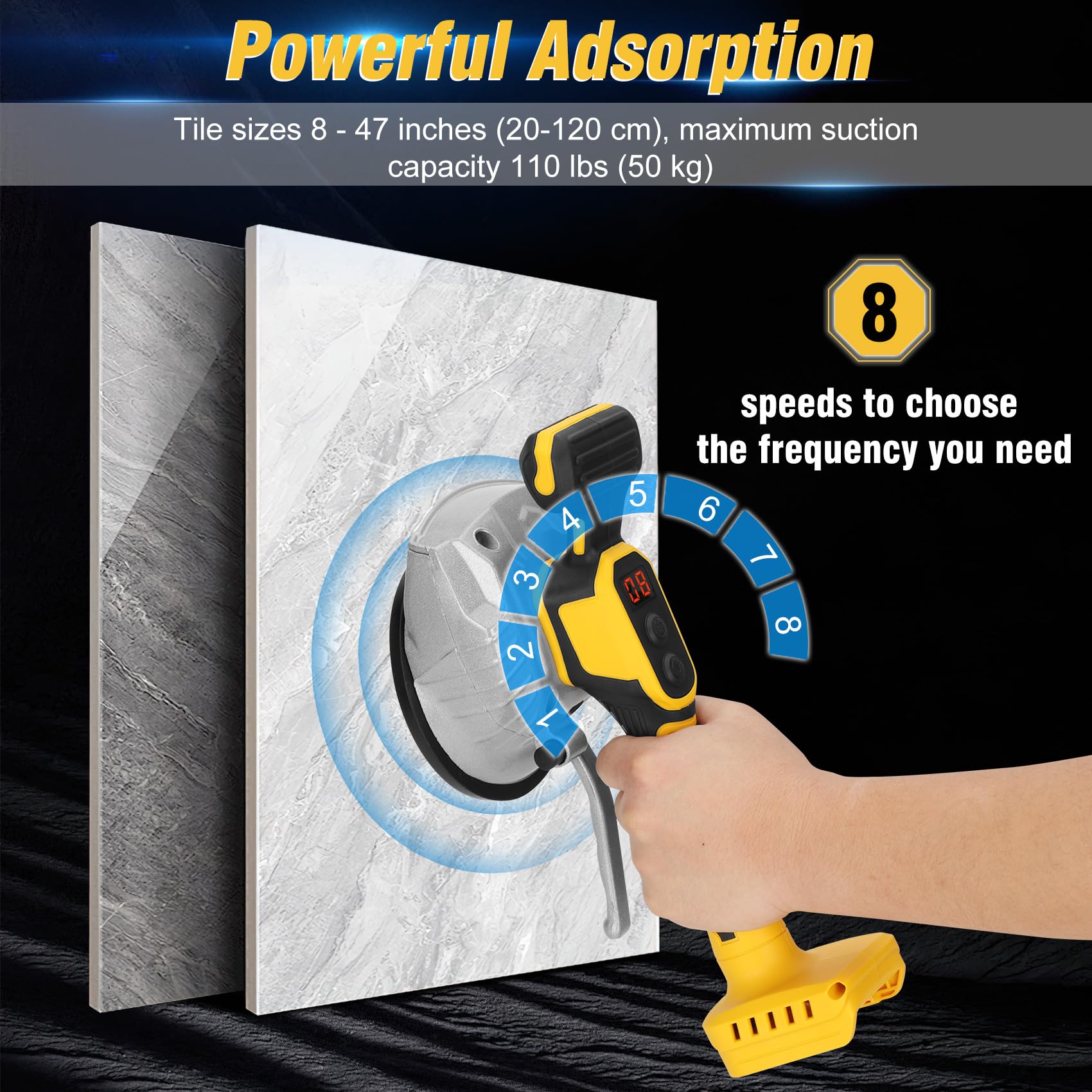 Tile Vibration Leveling Machine for Dewalt 20V Max Battery, Cordless Tile Vibration Installation Tool with 8 Adjustable Speed, Digital Display, Powerful Suction Cup and Box (Battery Not Included)