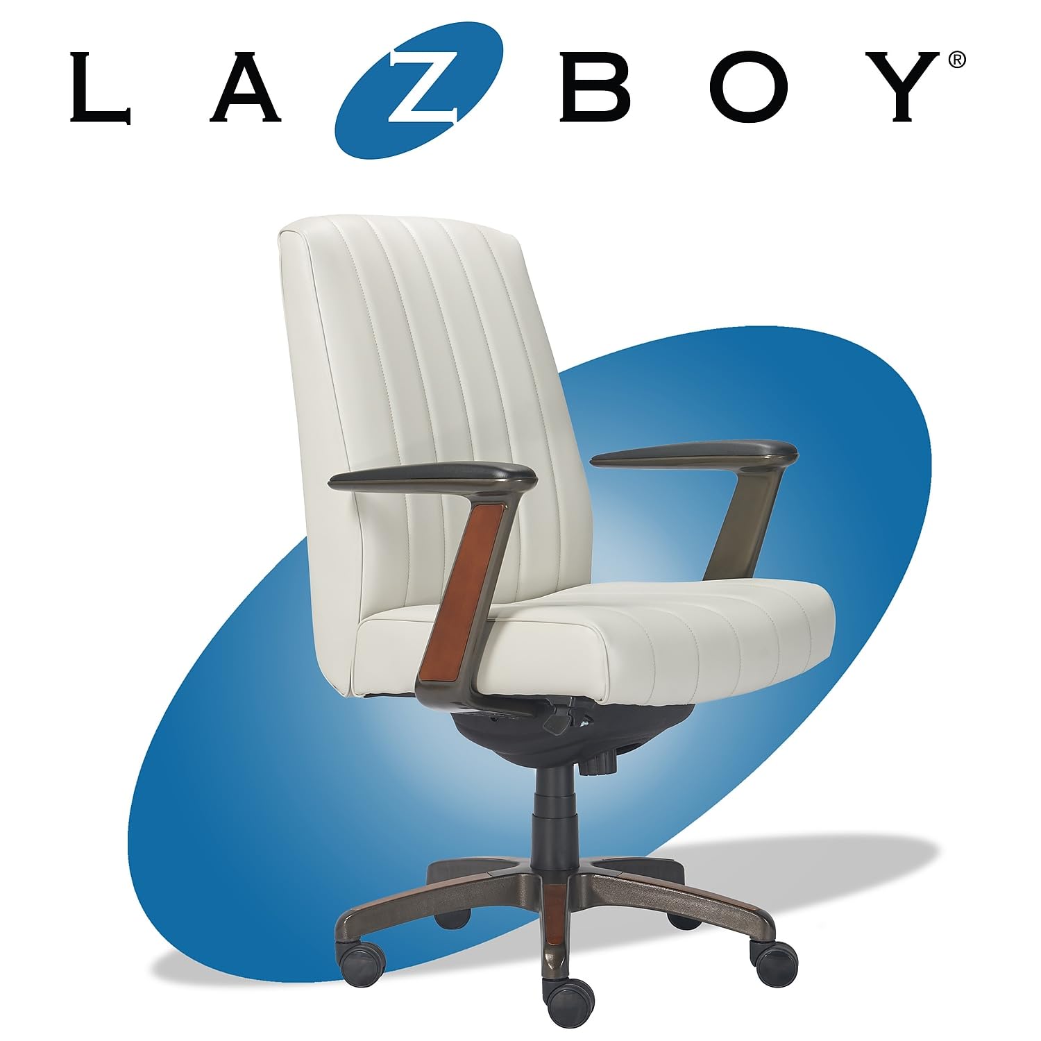 La-Z-Boy Bennett Modern Executive Lumbar Support, Rich Wood Inlay, High-Back Ergonomic Office Chair, Bonded Leather, White