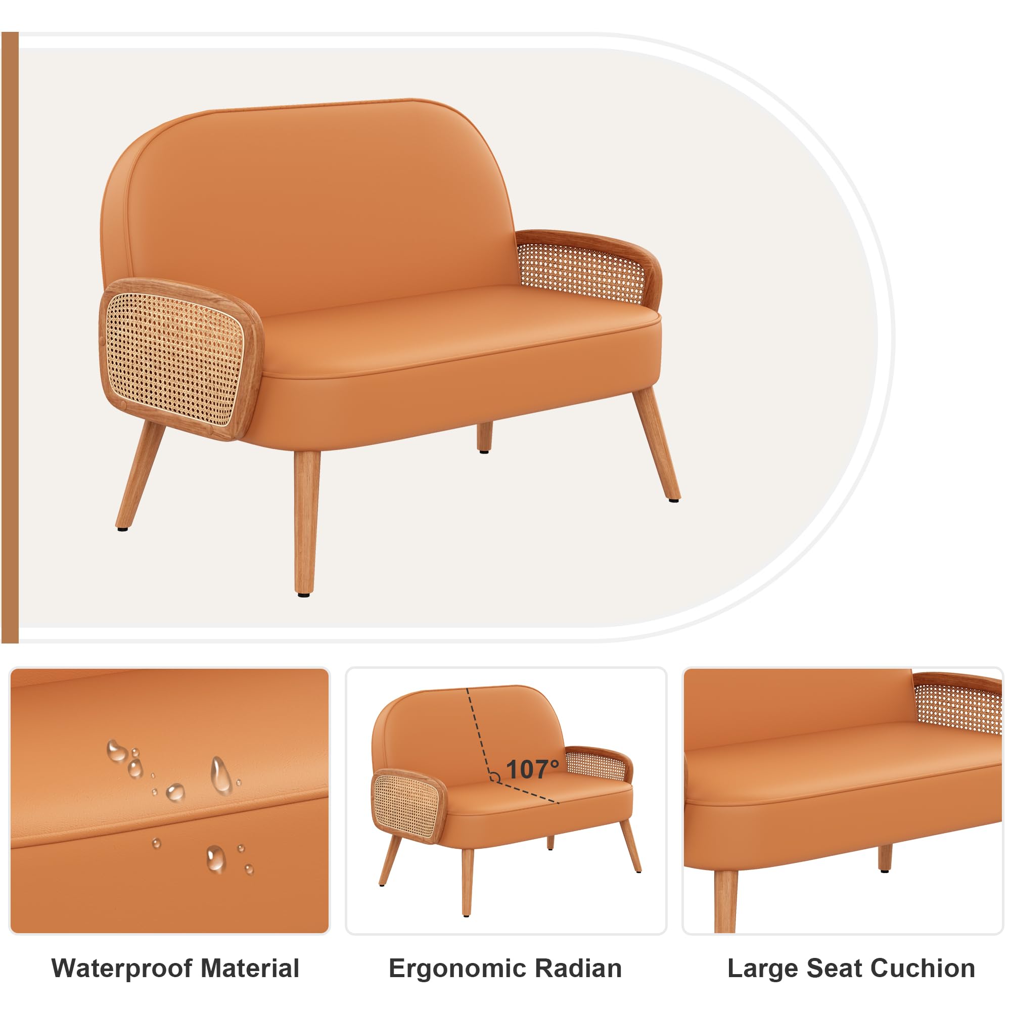 WENTMENT Loveseat Sofa Small Couch for Living Room, Faux Leather Mini Couch Love Seat with Natural Rattan Armrest and Solid Wooden Legs Small Sofa for Small Space, Bedroom, Apartment(Orange)