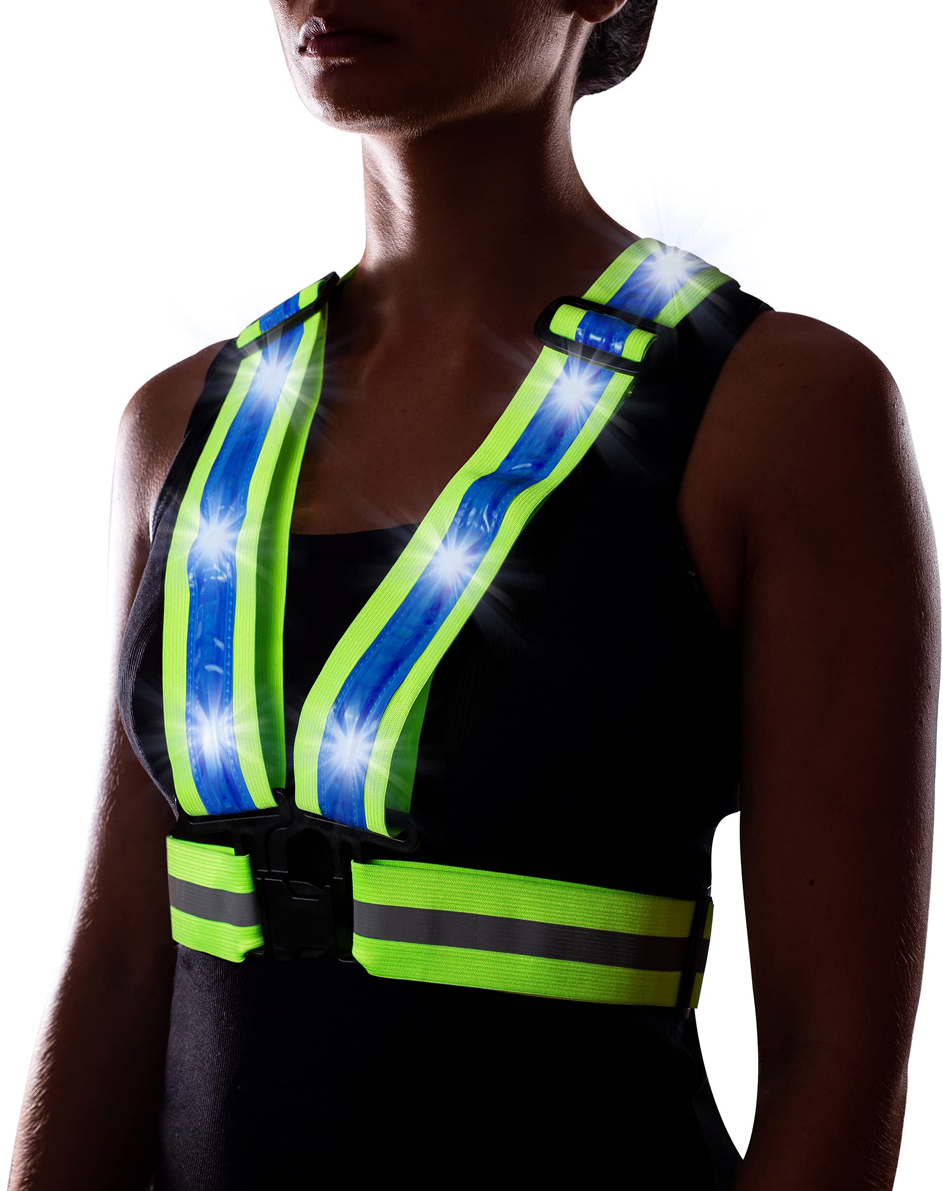 LED Reflective Vest for Running or Cycling USB Rechargeable, High Visibility Safety Vest for Construction, Running Lights for Runners, Motorcycle Vest, Adjustable Reflective Running Gear (Neon Green)