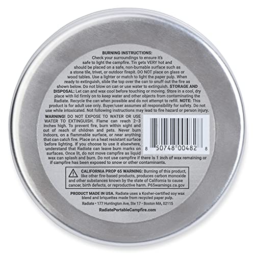 Radiate - 4 Pack Outdoor Portable Campfire - 3 Hours of Warmth and Burn Time - 4” Reusable Fire Pit for Camping, Smores, Cooking, and Picnics - Recycled Soy Wax