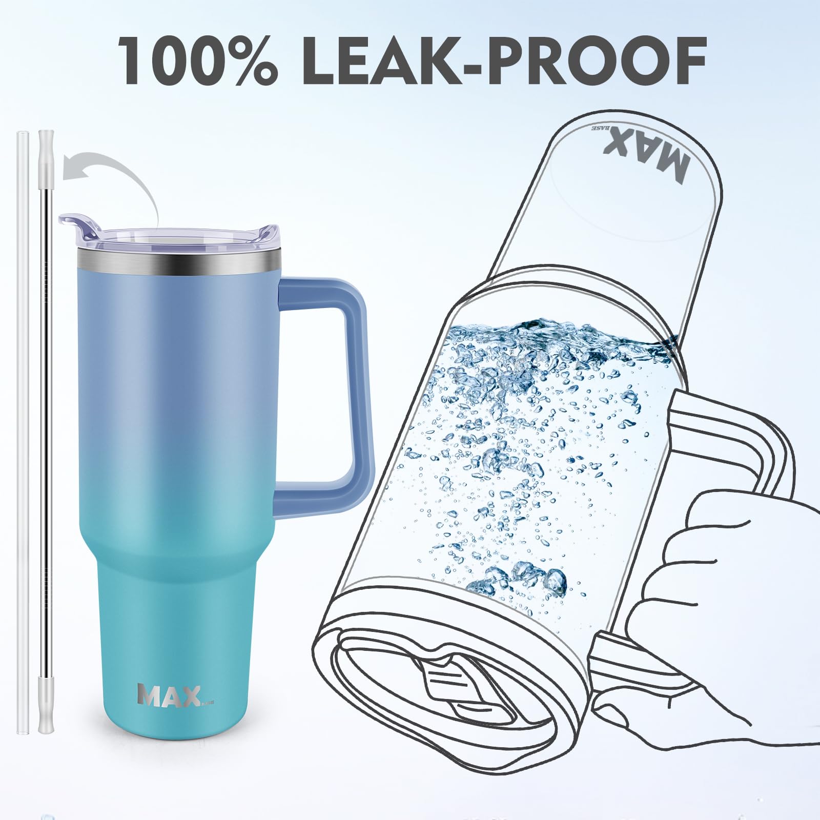 MaxBase 40 oz Tumbler with Handle and Straw Lid, Insulated Reusable Stainless Steel Travel Mug Keeps Drinks Cold up to 34 Hours, 100% Leakproof Bottle for Water, Iced Tea or Coffee, Smoothie and More