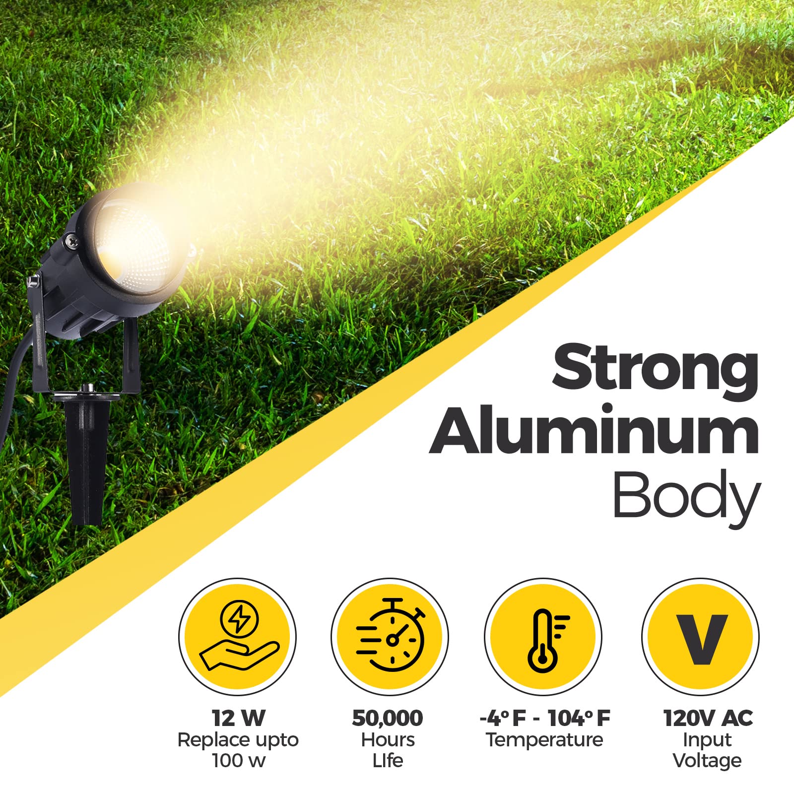 LCARED Outdoor Landscape Lighting 10W,120V AC,Warm White Waterproof LED Landscape Lights for Yard,Patio,Lawn, Wall, Flood,Driveway,Tree Lighting,Metal Ground Stake (2 Packs)