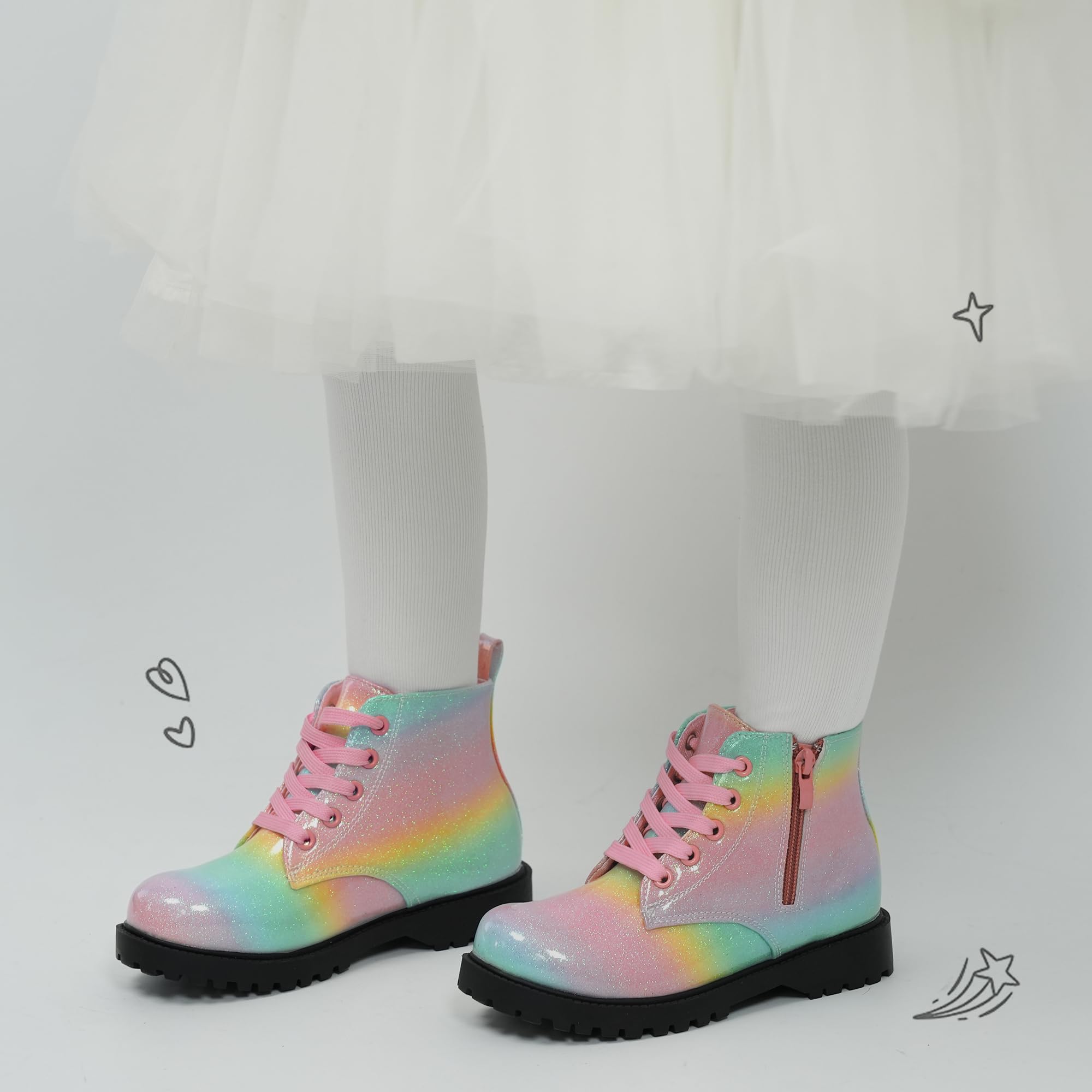 JABASIC Girls Ankle Boot Side Zipper Lace Up Work Boots (2,Rainbow)