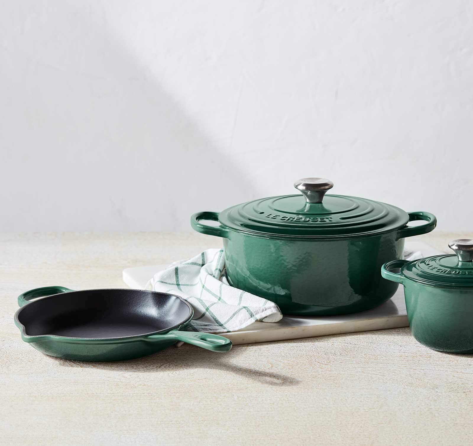 Le Creuset Signature Enameled Cast-Iron Dutch Oven, Saucepan, And Skillet 5 Piece Bundle Set - Meringue