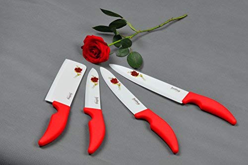 Sailing. Elegant 6.5-inch Ceramic Chef's Knife, Red Handle,White Blade with Red Flower - Best Kitchen Ceramic Cutlery, Featuring Designs