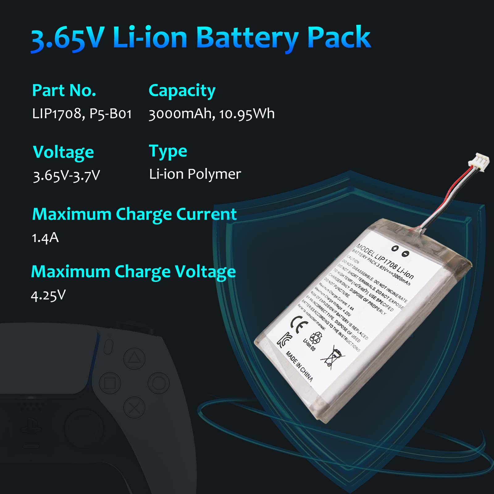 QIMOO Double Time Upgrade Battery for Playstation 5 Dualsense Controller CFI-ZCT1, 3000mAh Replacement Battery Compatible Controller