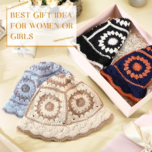 Silicherry 4 Pcs Crochet Bucket Hat Women Knitted Beanies Cap Boho Cute Knit Hat Handmade Fishing Hat Floral Basin Cap Beach Hat for Vacation Traveling