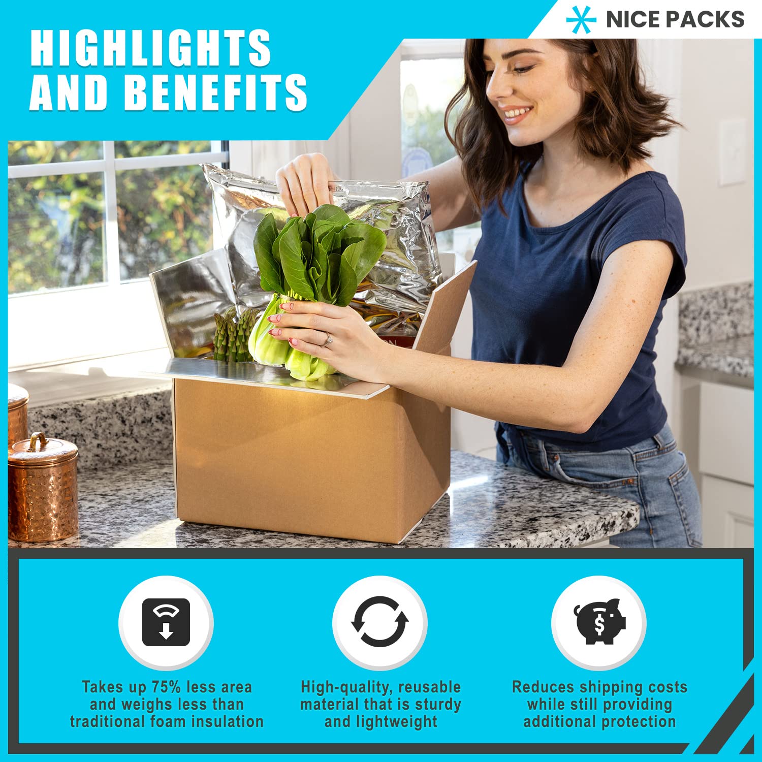 LIVE 2DAY Nice Packs | Thermal Liners for Coolers and Food Shipments | Best Insulation for Dry Ice Packs (14 x 7.5 x 9 inch, Cotton)