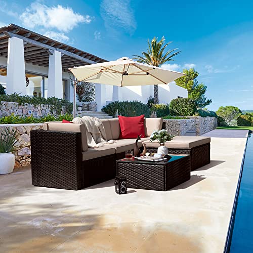 Rankok 5 Pieces Patio Furniture Sectional Outdoor PE Rattan Wicker Lawn Conversation Cushioned Garden Sofa Set (Beige) …