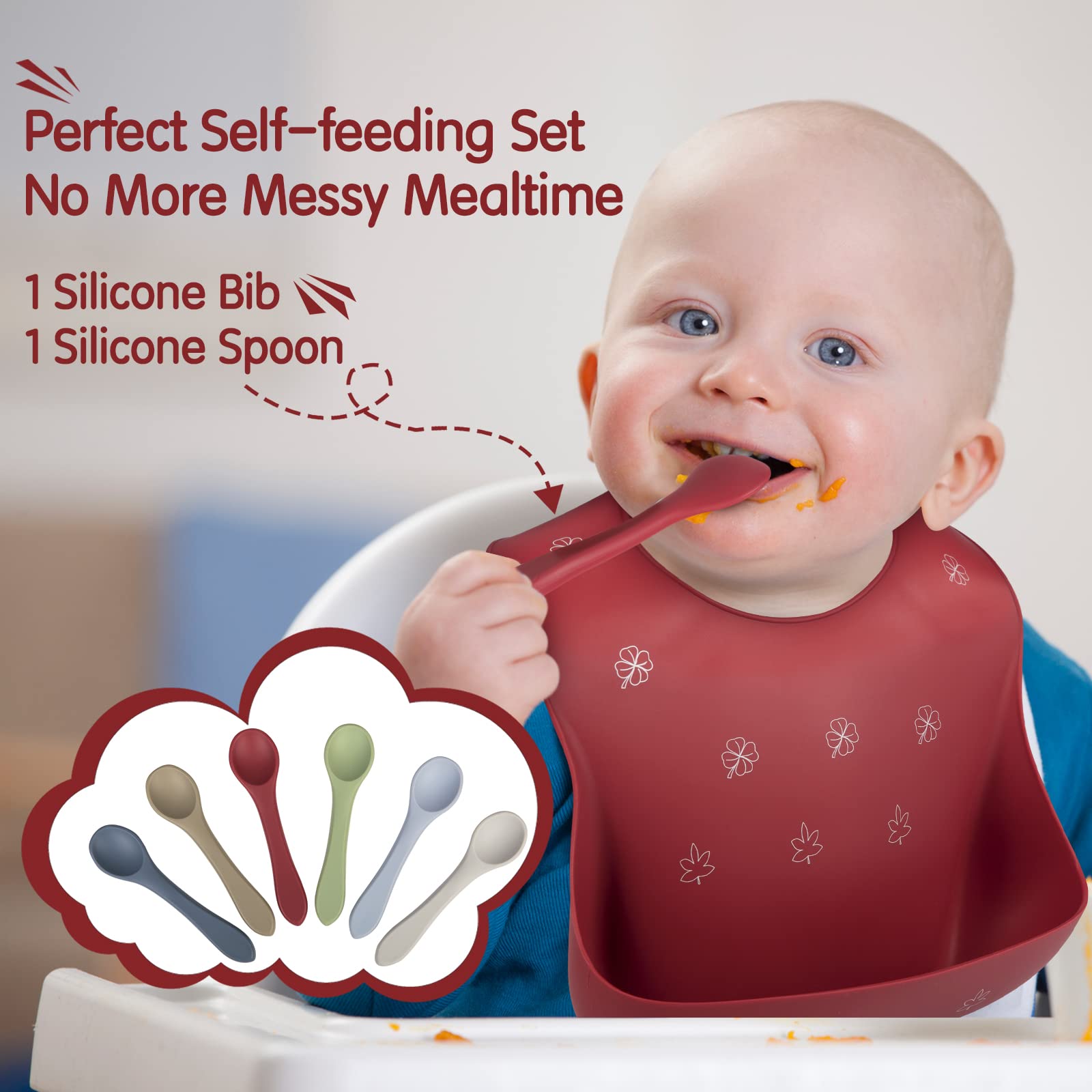Silicone Baby Bib - Waterproof Bib with Spoon- Stay Open Pocket Feeding Bib for Toddlers- Lightweight Comfortable Adjustable Snaps Food Grade Bib - Easily Wipe Clean (Red)