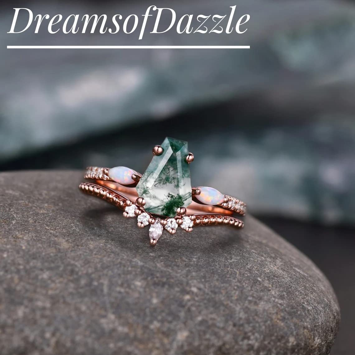 Ring For Women Coffin Shaped Green Moss Agate Ring Set, Wedding Promise Ring Opal Moss Agate Bridal Ring BY DREAMSOFDAZZLE (Rose Gold Overlay)